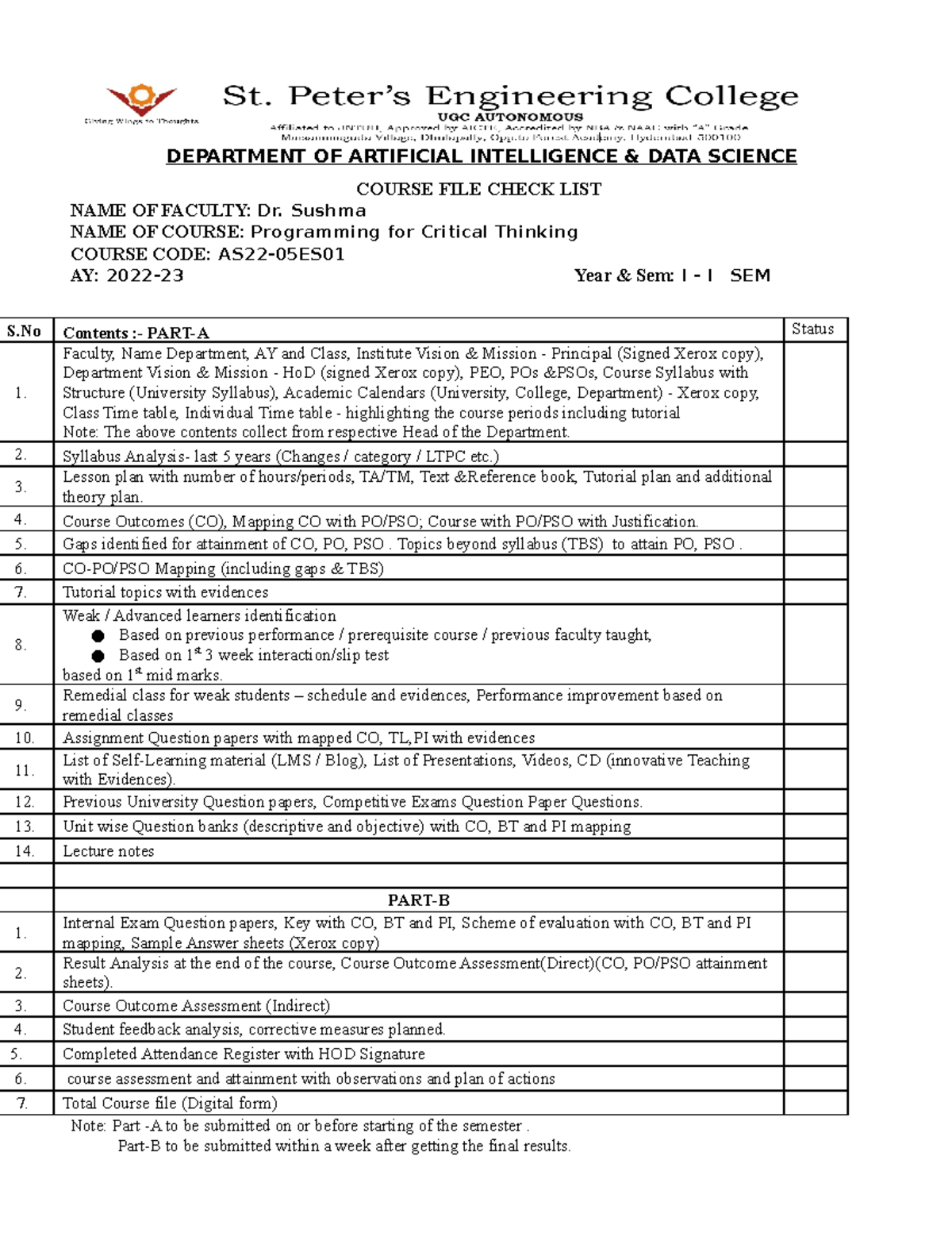 AIDS PCA course file - notes - DEPARTMENT OF ARTIFICIAL INTELLIGENCE ...