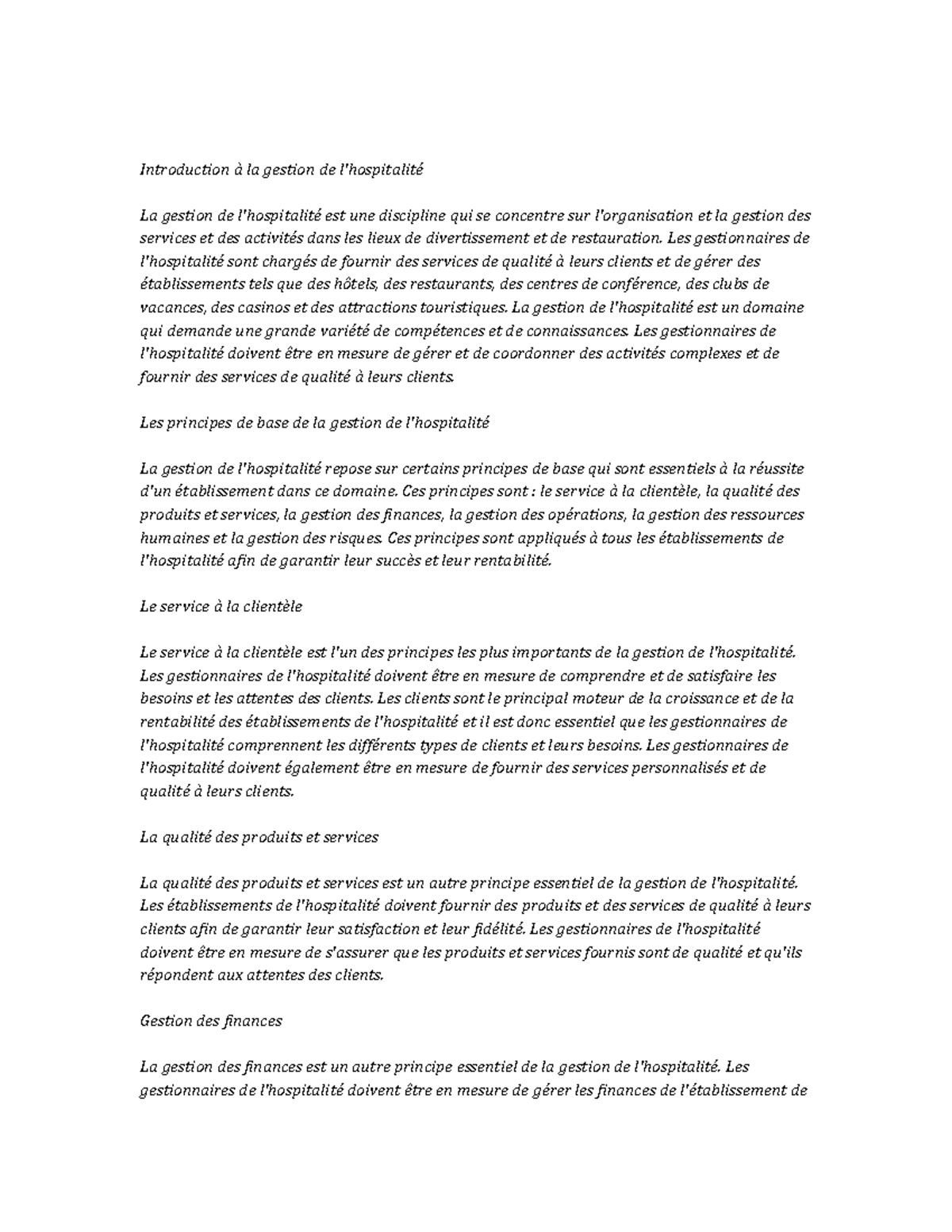 Hospitality Management Study Notes - Introduction à la gestion de l ...