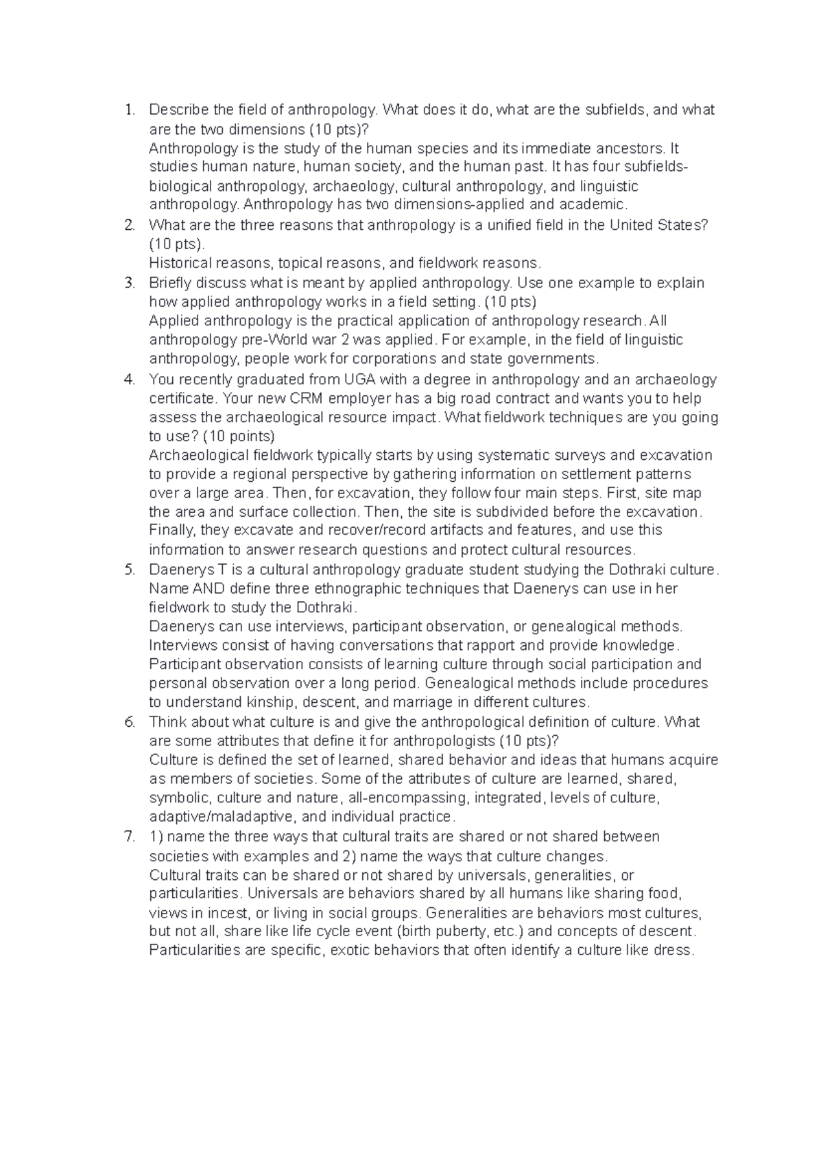 Anthro- TEST1 - test material - 1. Describe the field of anthropology ...