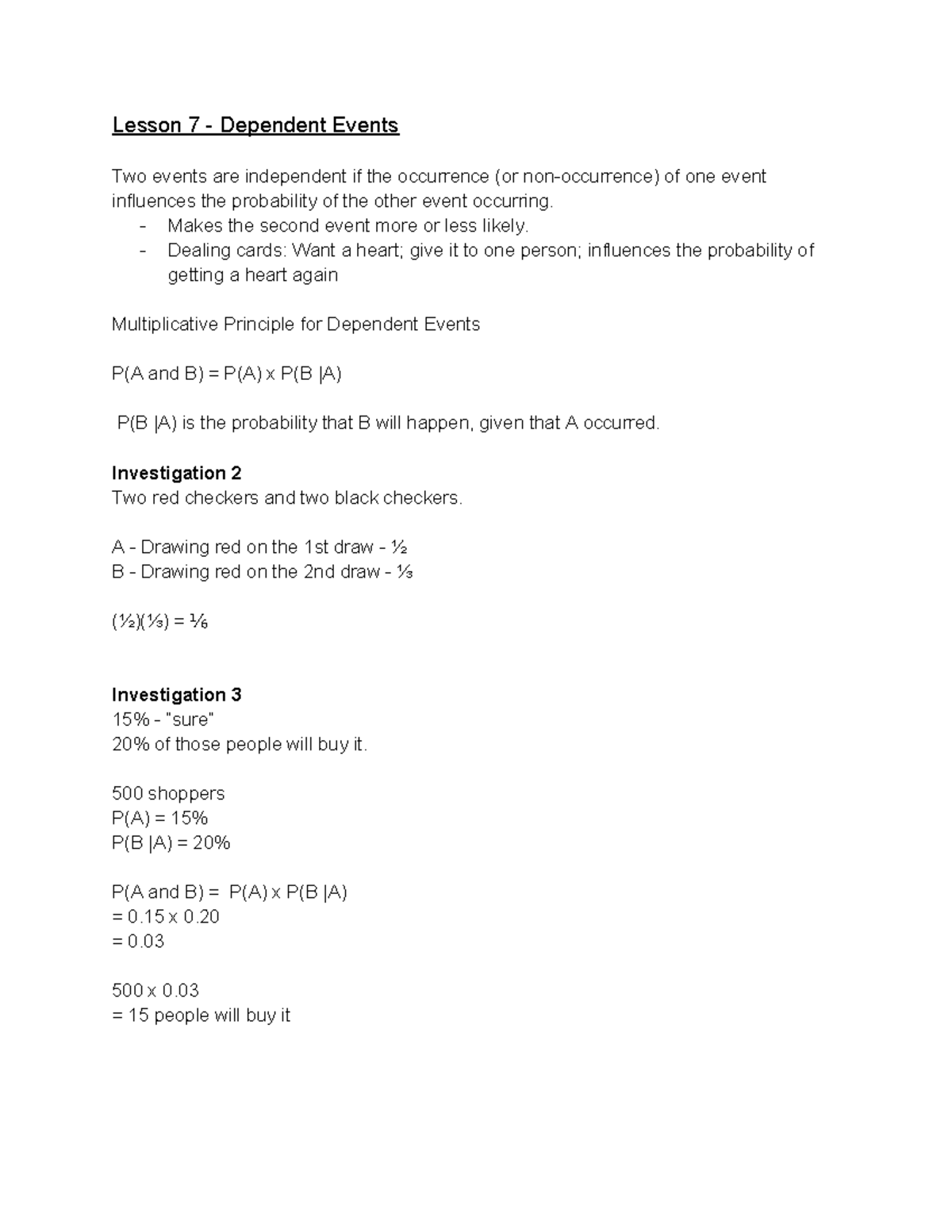Unit 1 Lecture 7 - Dependent Events - Lesson 7 - Dependent Events Two ...