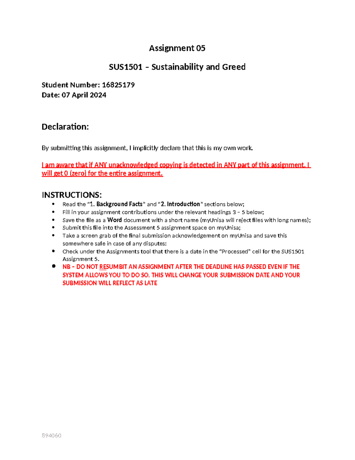 Assignment 05 - Where Do I Fit In? - Assignment 05 SUS1501 – Sustainability and Greed Student ...