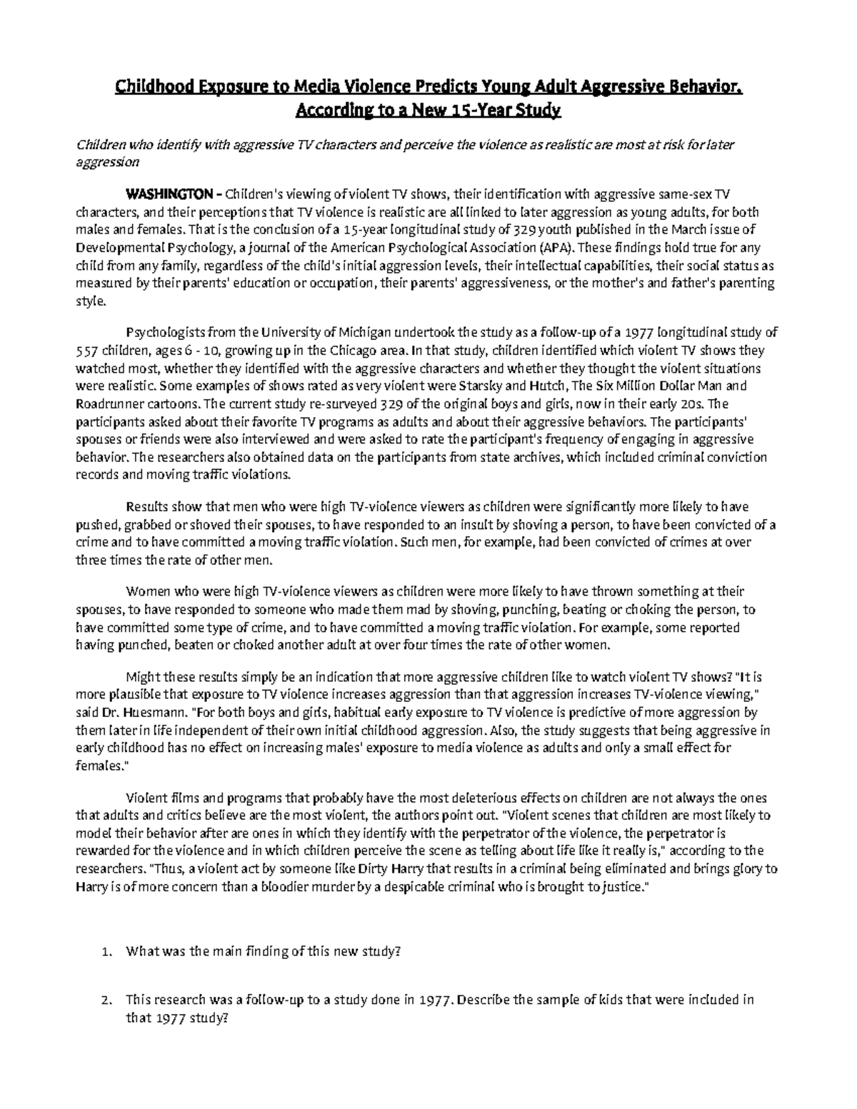 Copy of TV and Aggression - Observational Learning WKST - Childhood ...