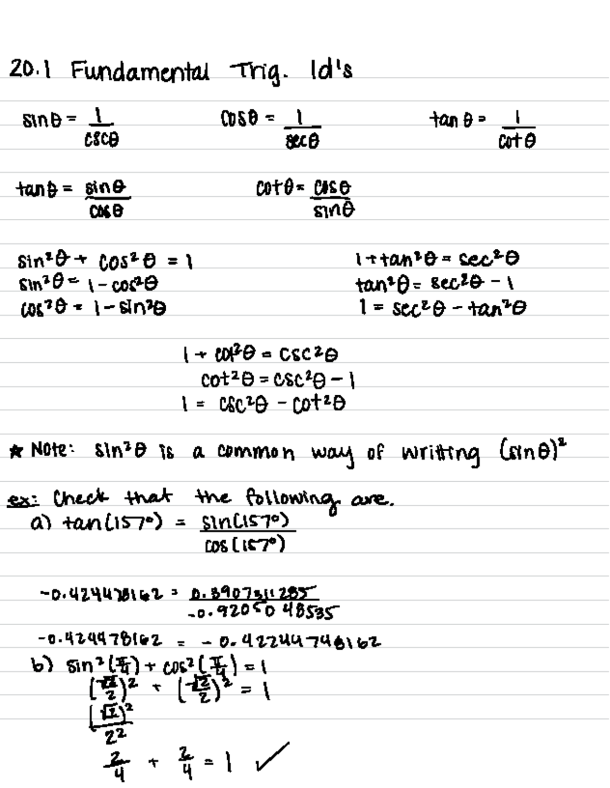 20.1 Notes (MAT145) - Professor.Cano - 20 Fundamental Trig. Id's Sine=1 ...