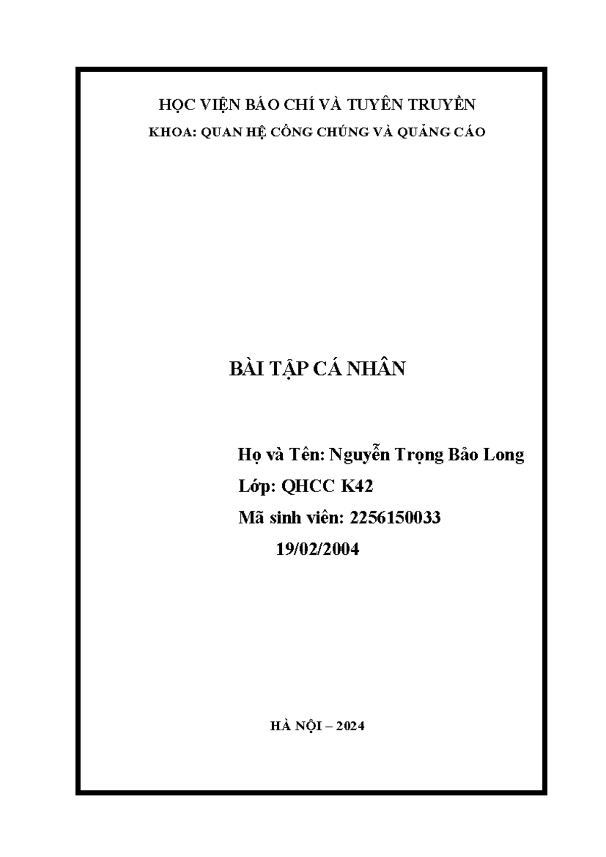 Bài cá nhân - btcn hvkh - HỌC VIỆN BÁO CHÍ VÀ TUYÊN TRUYỀN KHOA: QUAN ...