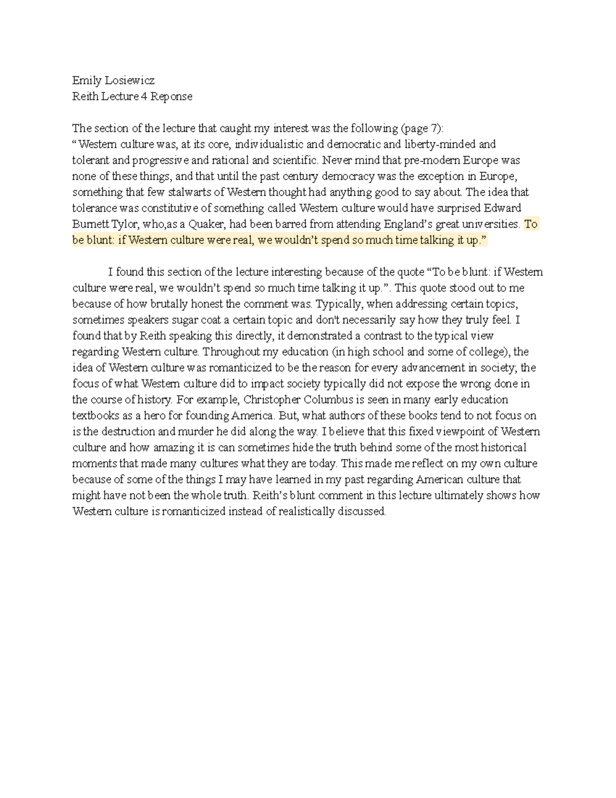 Reith Lecture 4 Response - Emily Losiewicz Reith Lecture 4 Reponse The ...