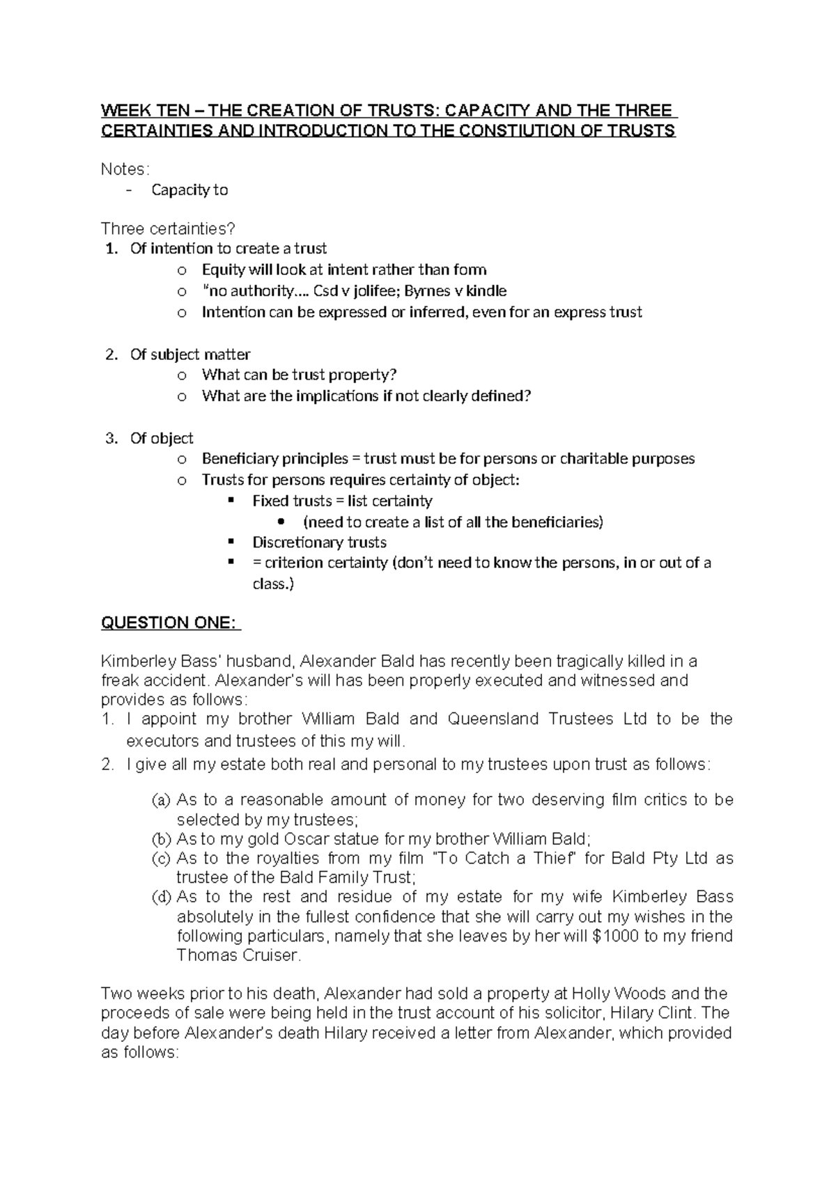 LLB205 Week 10 Tutorial Questions - WEEK TEN – THE CREATION OF TRUSTS ...