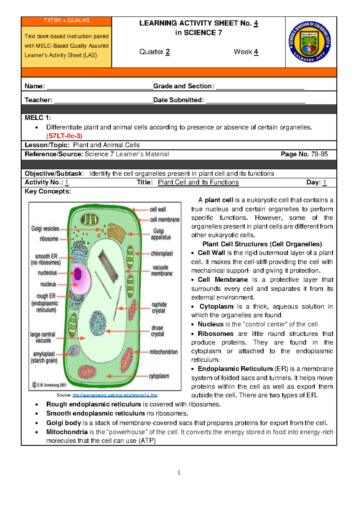 LAS 4- Plant and Animal Cells - TXTBK + QUALAS LEARNING ACTIVITY SHEET No. 4 in SCIENCE 7 ...