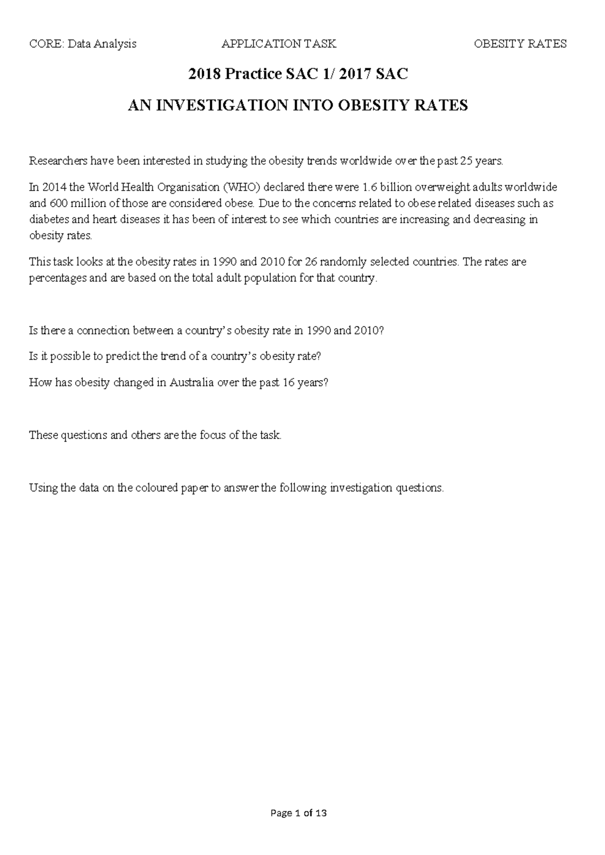 Practice SAC 1 - Obesity 2017 SAC - CORE: Data Analysis APPLICATION ...