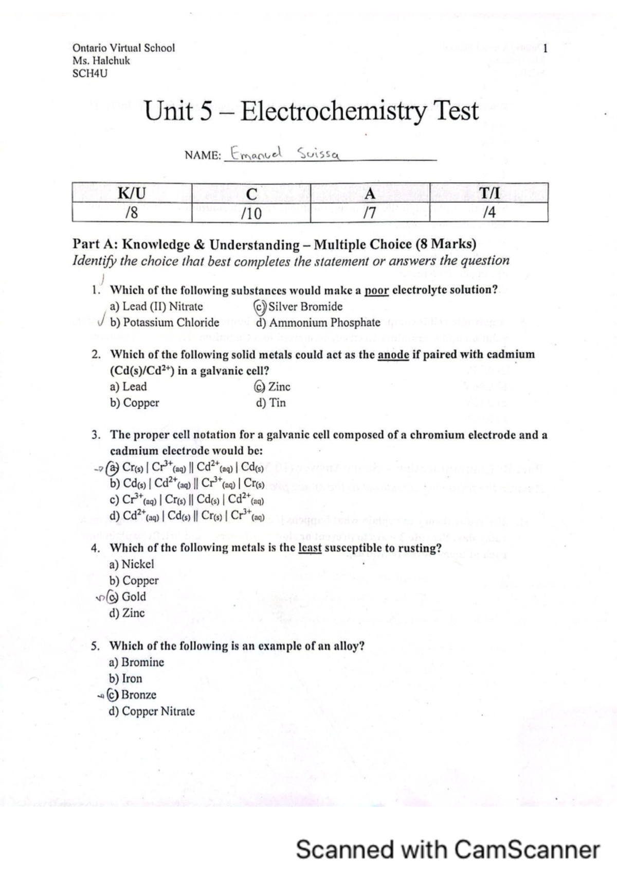 Test unit 5 chemistry - ... - Ontario Virtual School 1 Ms. Halchuk ...