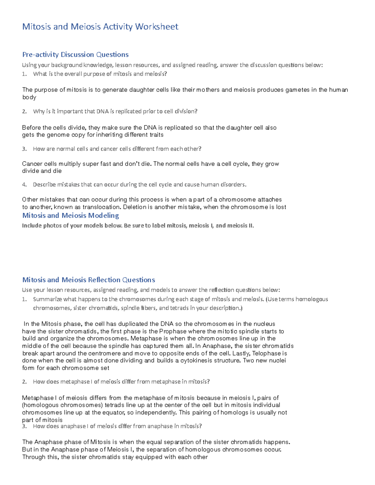 05 01 mitosis meiosis activity worksheet - Mitosis and Meiosis Ac-vity ...