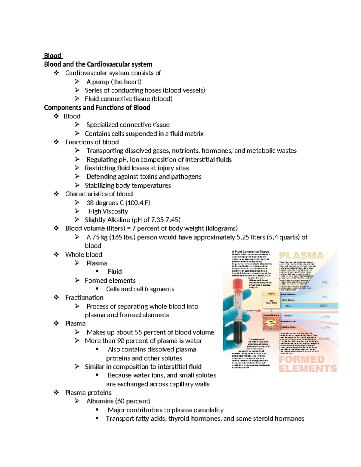 Chapter 19 Blood notes - Blood Blood and the Cardiovascular system ...