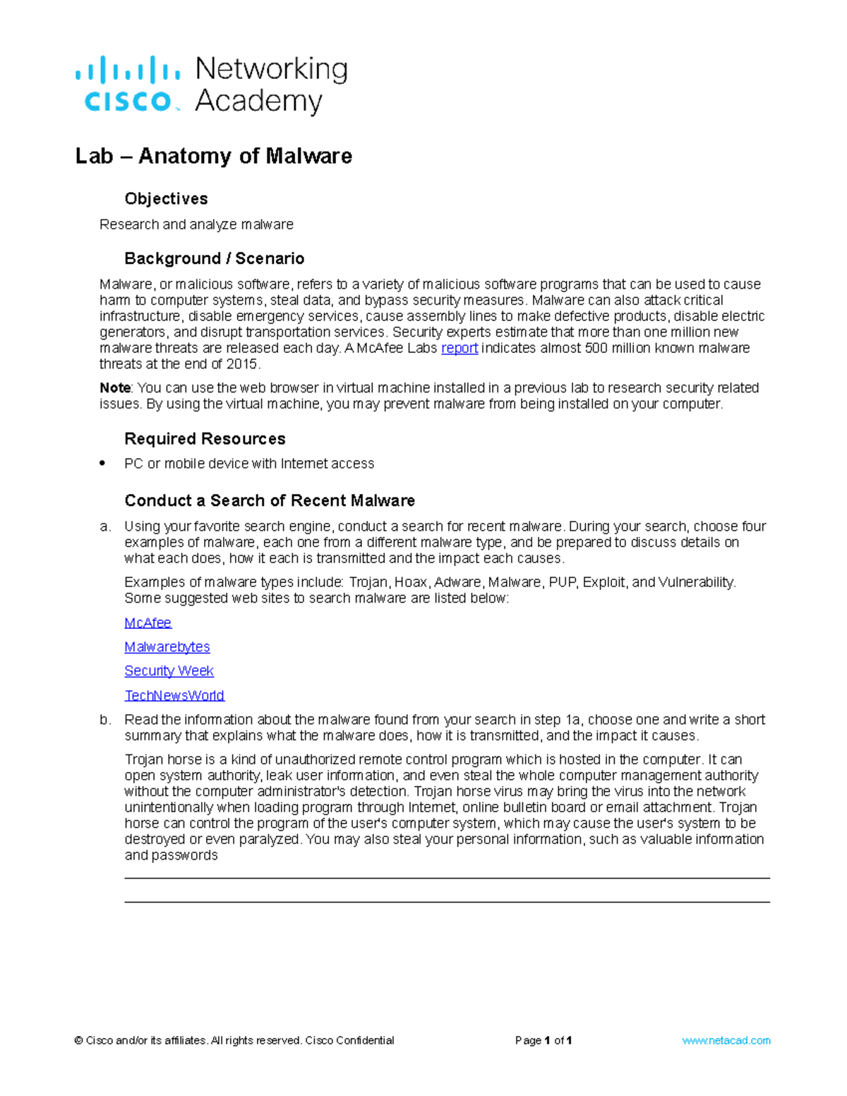 6.2.1.11 Lab - Anatomy of Malware - Lab – Anatomy of Malware Objectives ...
