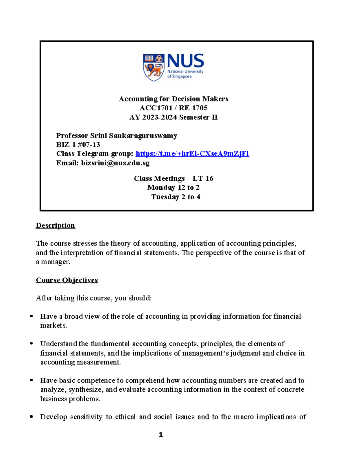 Syllabus ACC 1701 2023 2024 Sem 2 - Accounting for Decision Makers ...