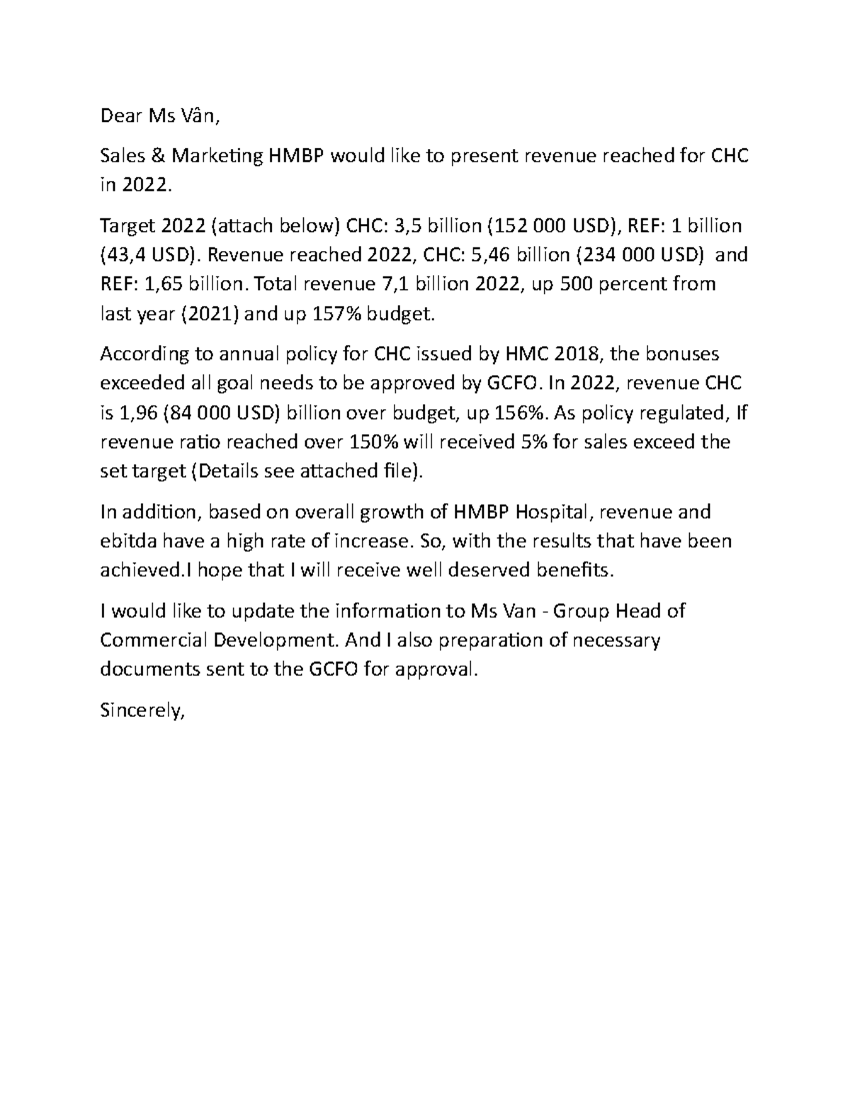 Dear Ms Vân - HMBP - Dear Ms Vân, Sales & Marketing HMBP would like to ...