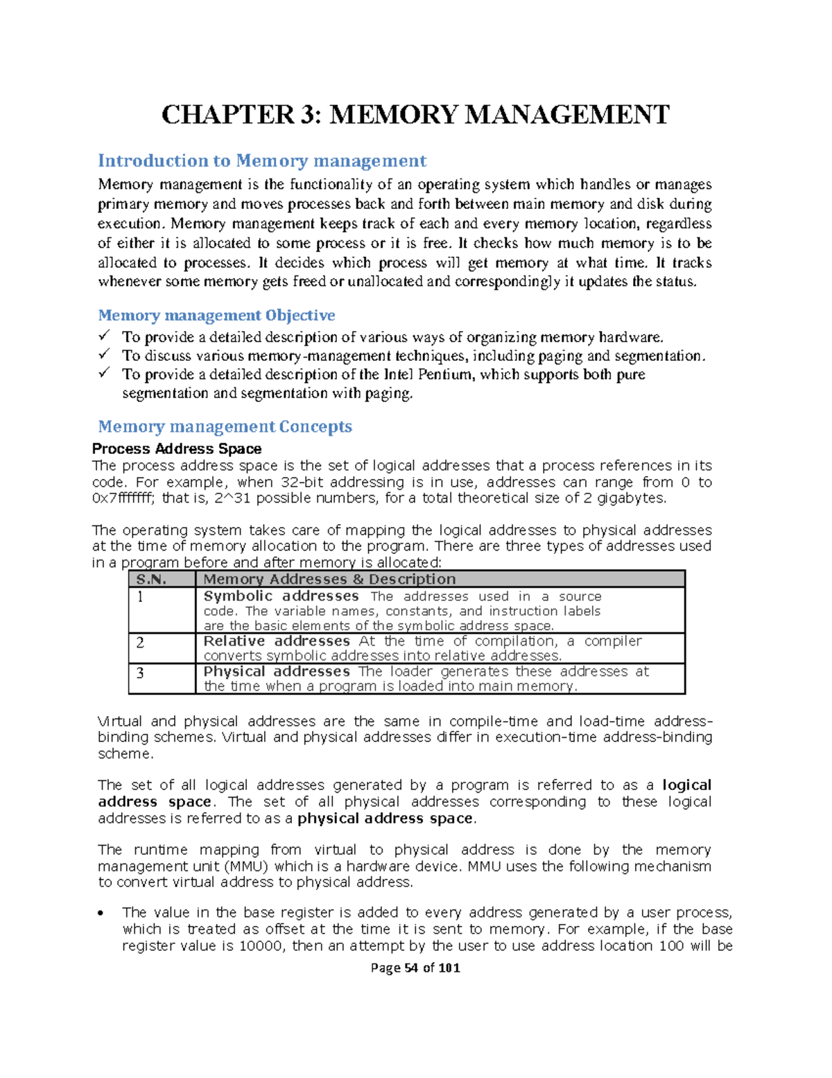 Sertoi Oschapter 3 - Notes - CHAPTER 3: MEMORY MANAGEMENT Introduction ...