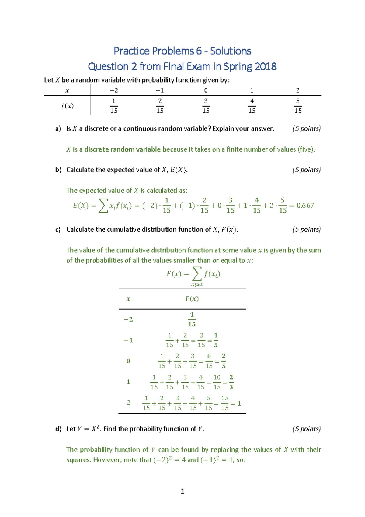 Practise Problems 6 - Solutions - 1 Practice Problems 6 - Solutions Question 2 from Final Exam ...
