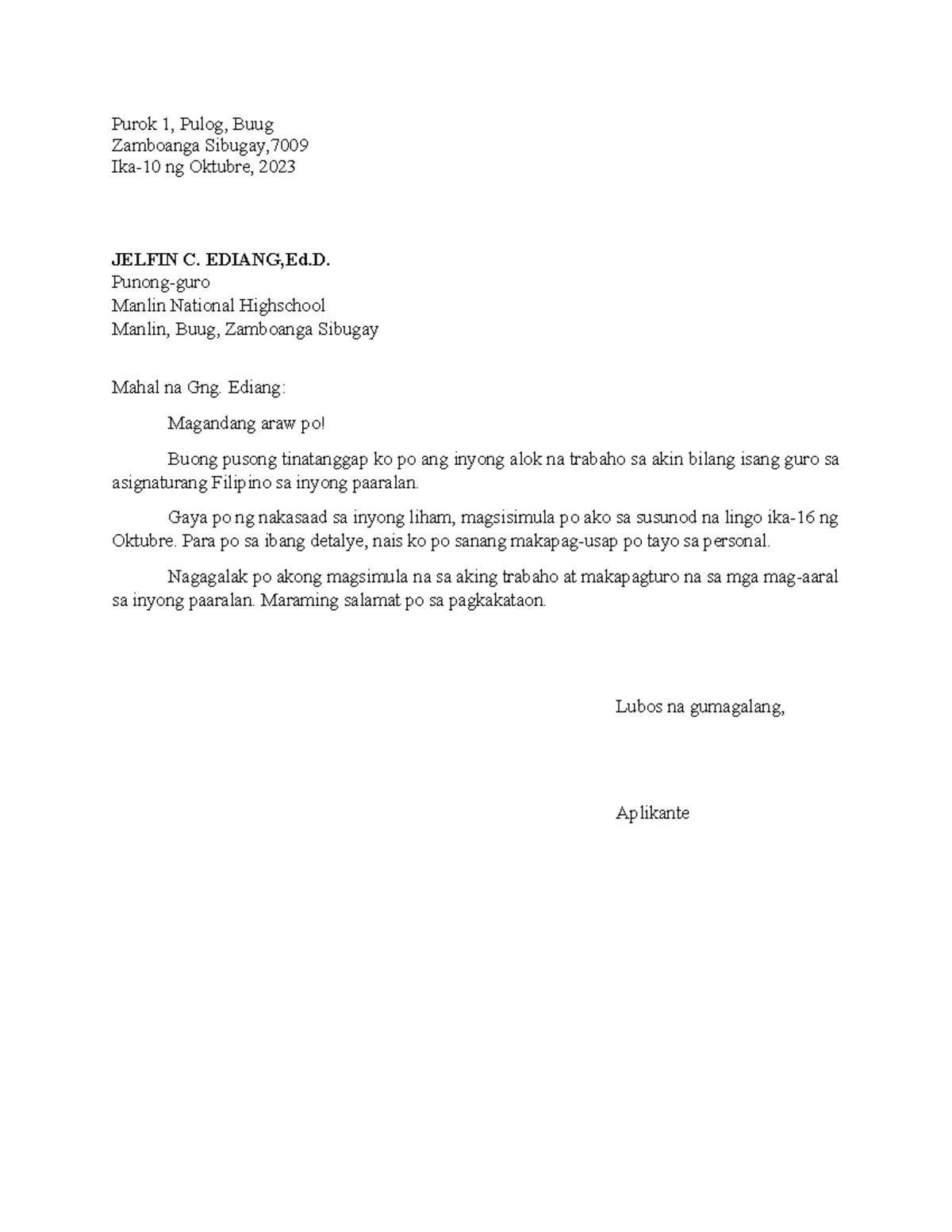 A Liham - letter - Zamboanga Sibugay, Ika-10 ng Oktubre, 2023 JELFIN C ...