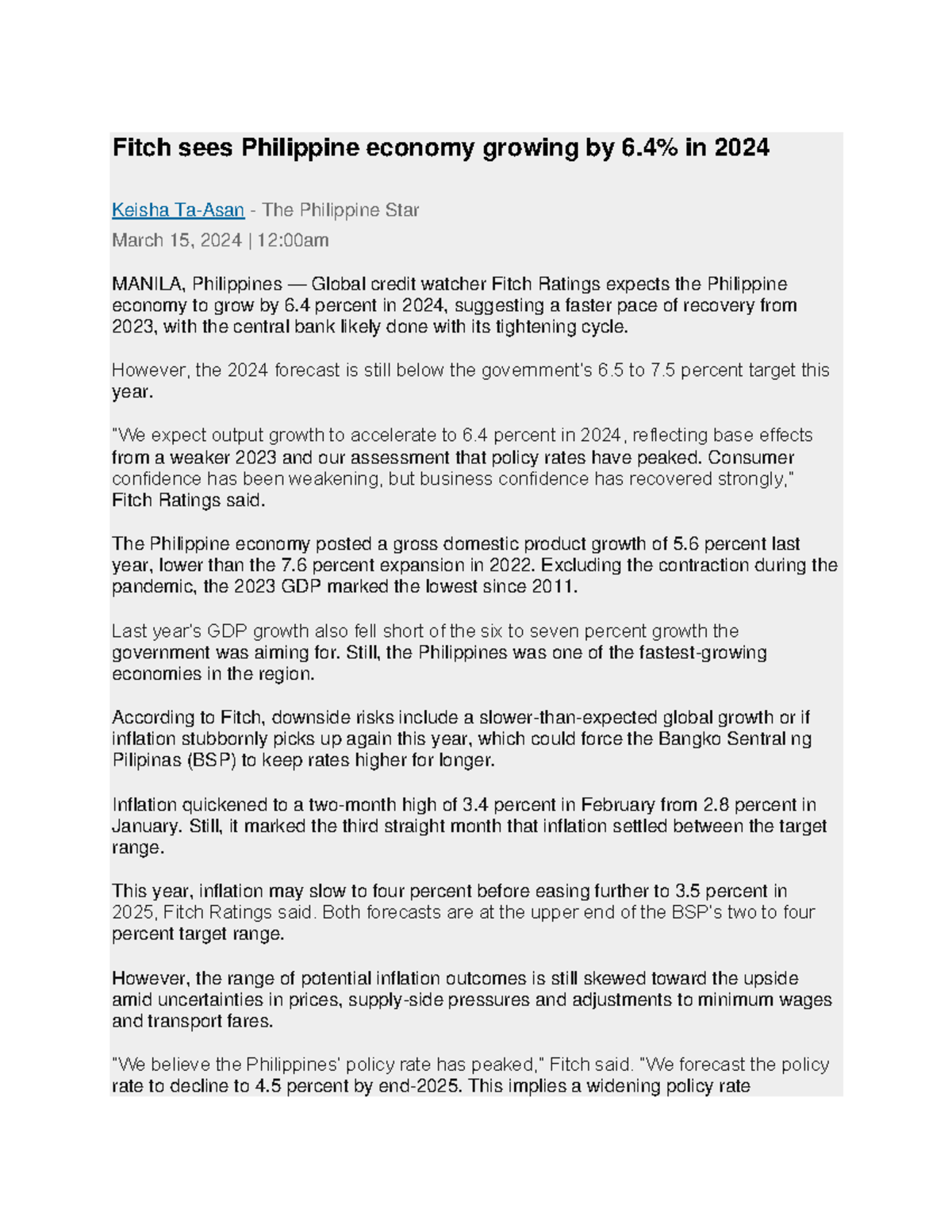 News clippings 1 - news - Fitch sees Philippine economy growing by 6% in 2024 Keisha Ta-Asan ...