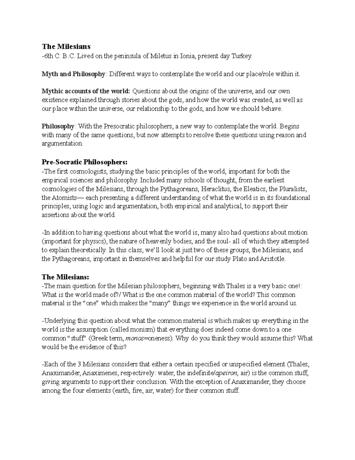 The Milesians - LECTURE NOTES - The Milesians -6th C. B. Lived on the ...