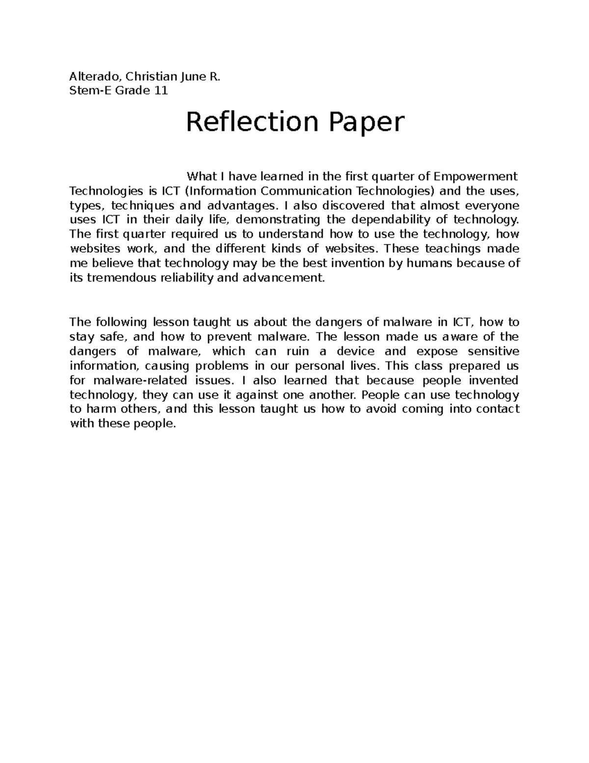 Reflection Paper - wdadqwdwadw - Alterado, Christian June R. Stem-E ...