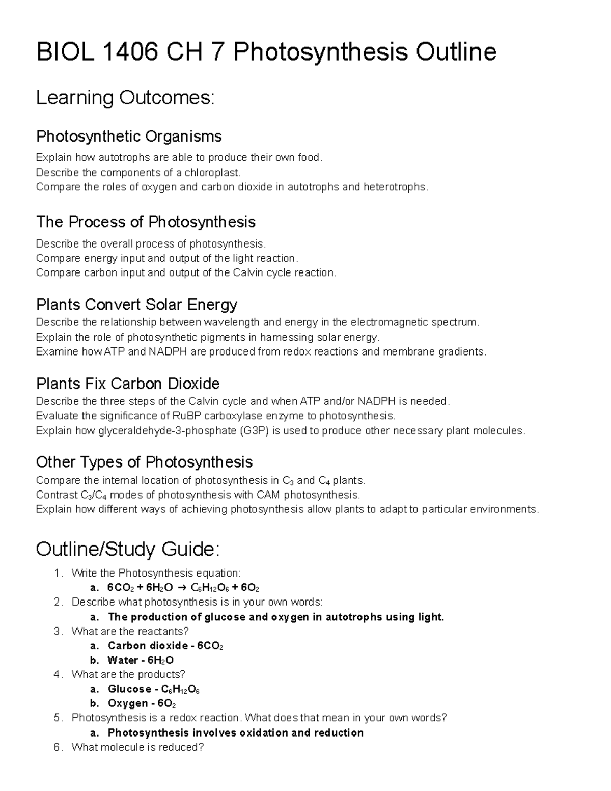 BIOL 1406 CH 7 Photosynthesis Outline - BIOL 1406 CH 7 Photosynthesis ...