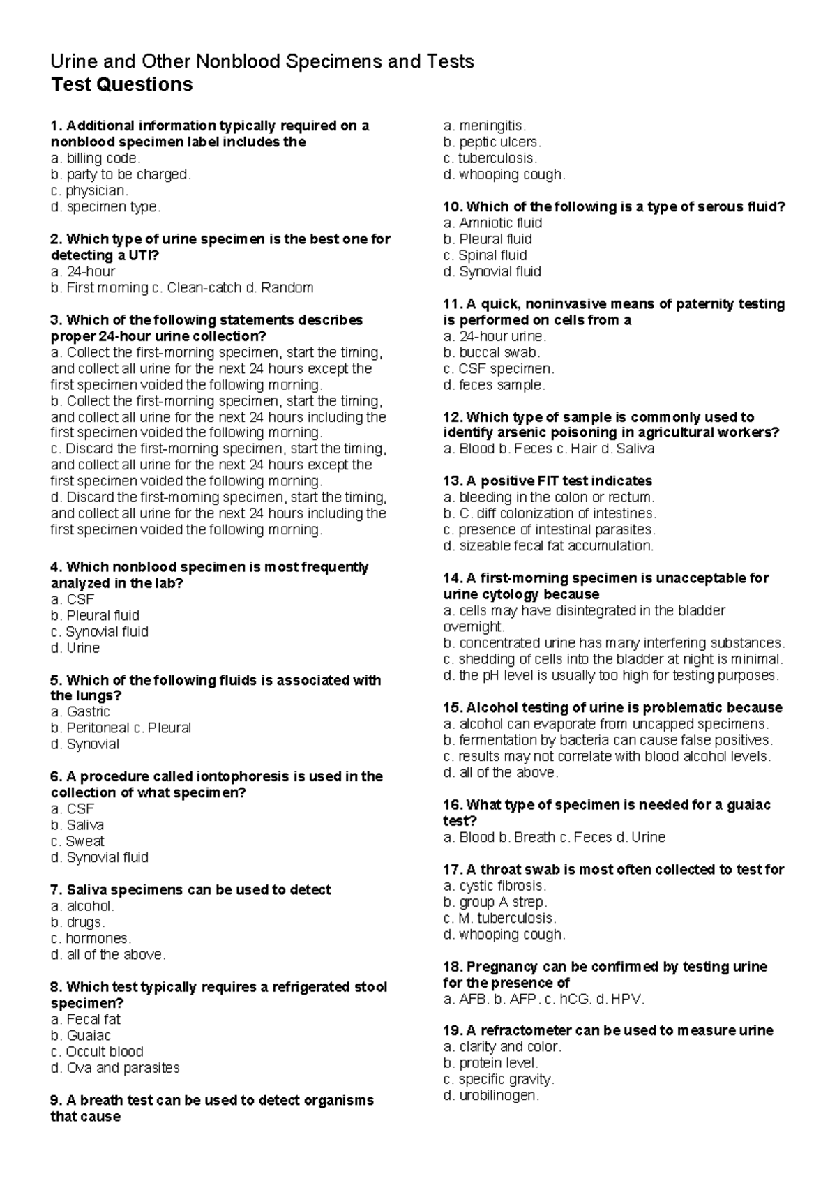 Finals 2 test questions - Urine and Other Nonblood Specimens and Tests ...