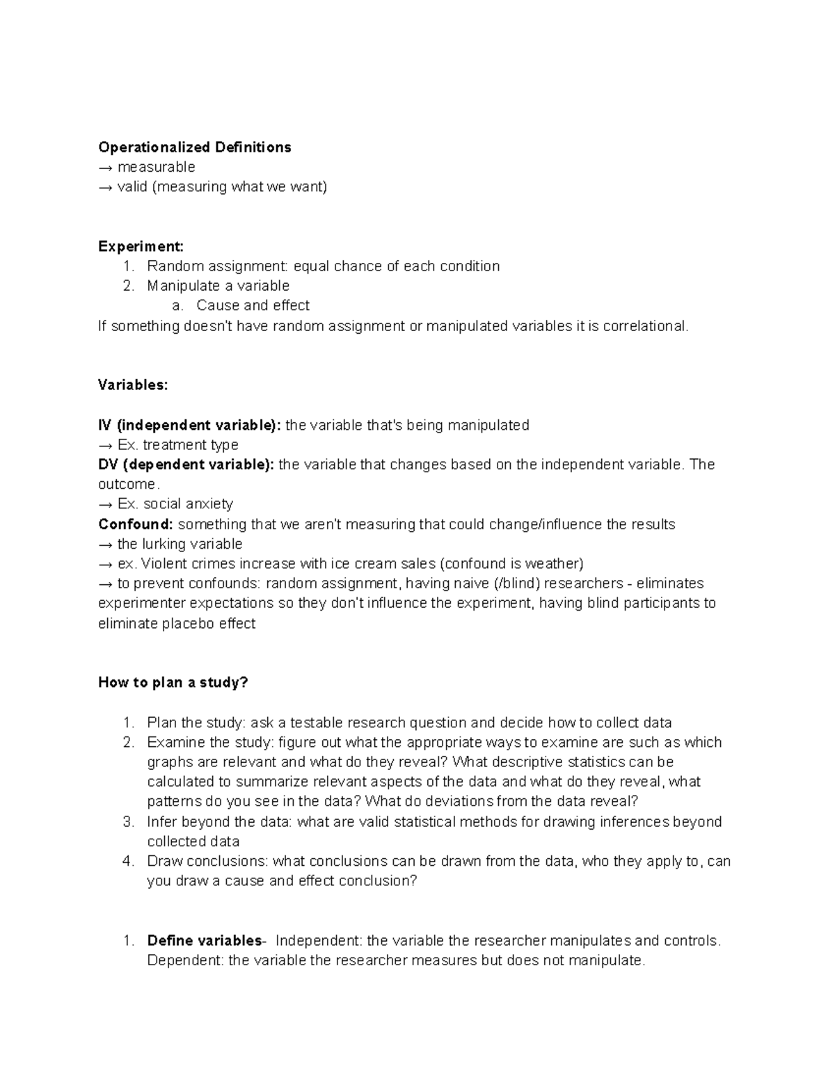 Psych 1 Notes Quiz - Operationalized Definitions → measurable → valid ...