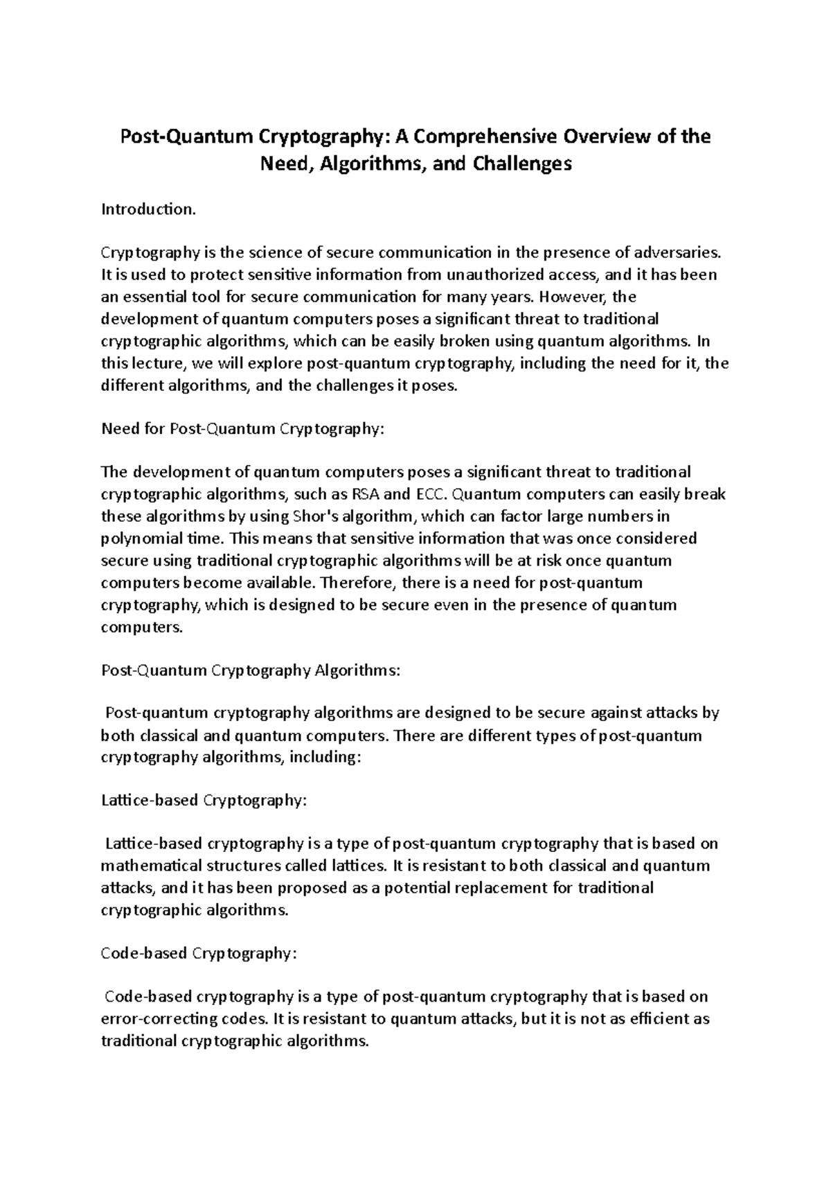 Post Quantum Cryptography A Comprehensive Overview Of The Need Algorithms And Challenges