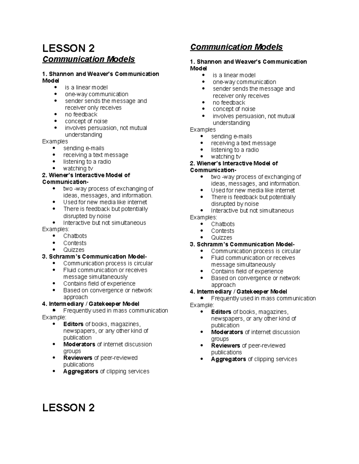 Lesson 2 - LESSON 2 Communication Models 1. Shannon and Weaver’s Communication Model is a linear ...