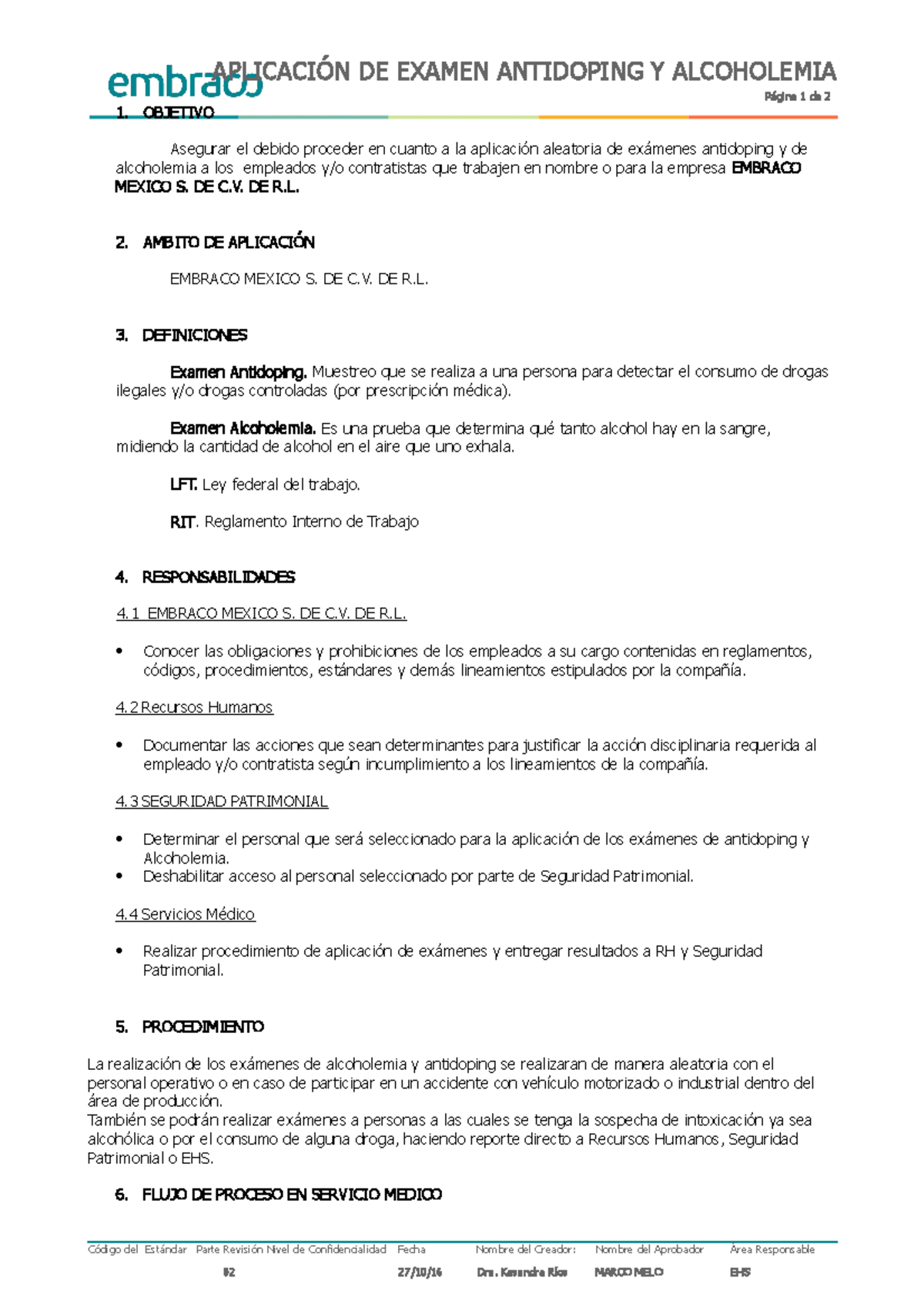Procedimiento De Antidoping Y Alcoholemia Rev 03 Aplicación De Examen