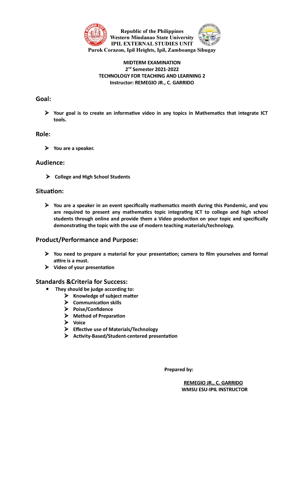 TTL 2 Midterm Exam - ggggg - Republic of the Philippines Western Mindanao State University IPIL ...
