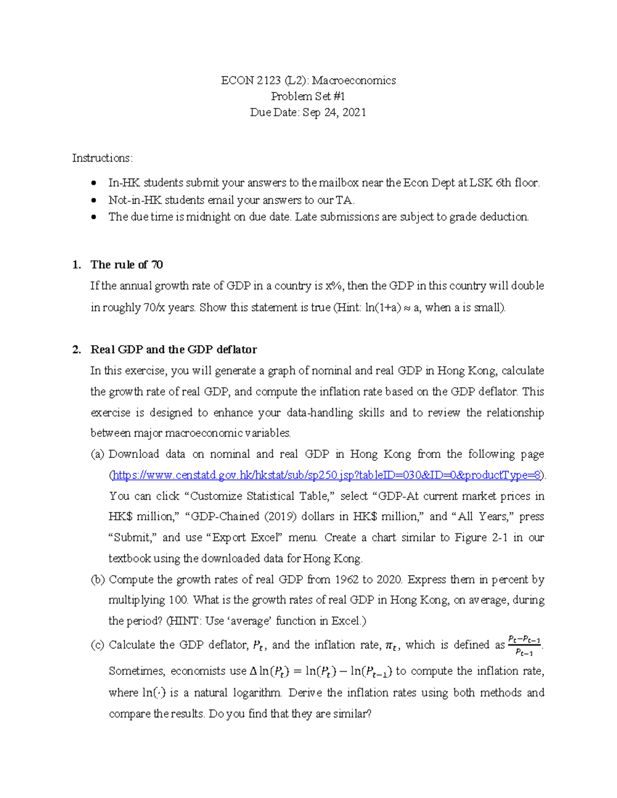 Econ 2123 (L2) Problem Set 1 - Macroeconomics - Studocu