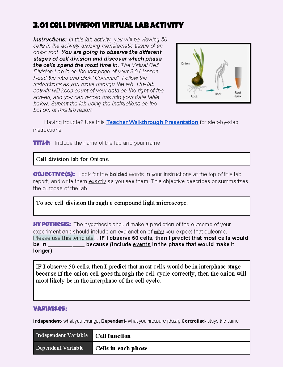 Copy of Copy of 3 01 Lab Report Template v23 - 3 Cell Division Virtual ...
