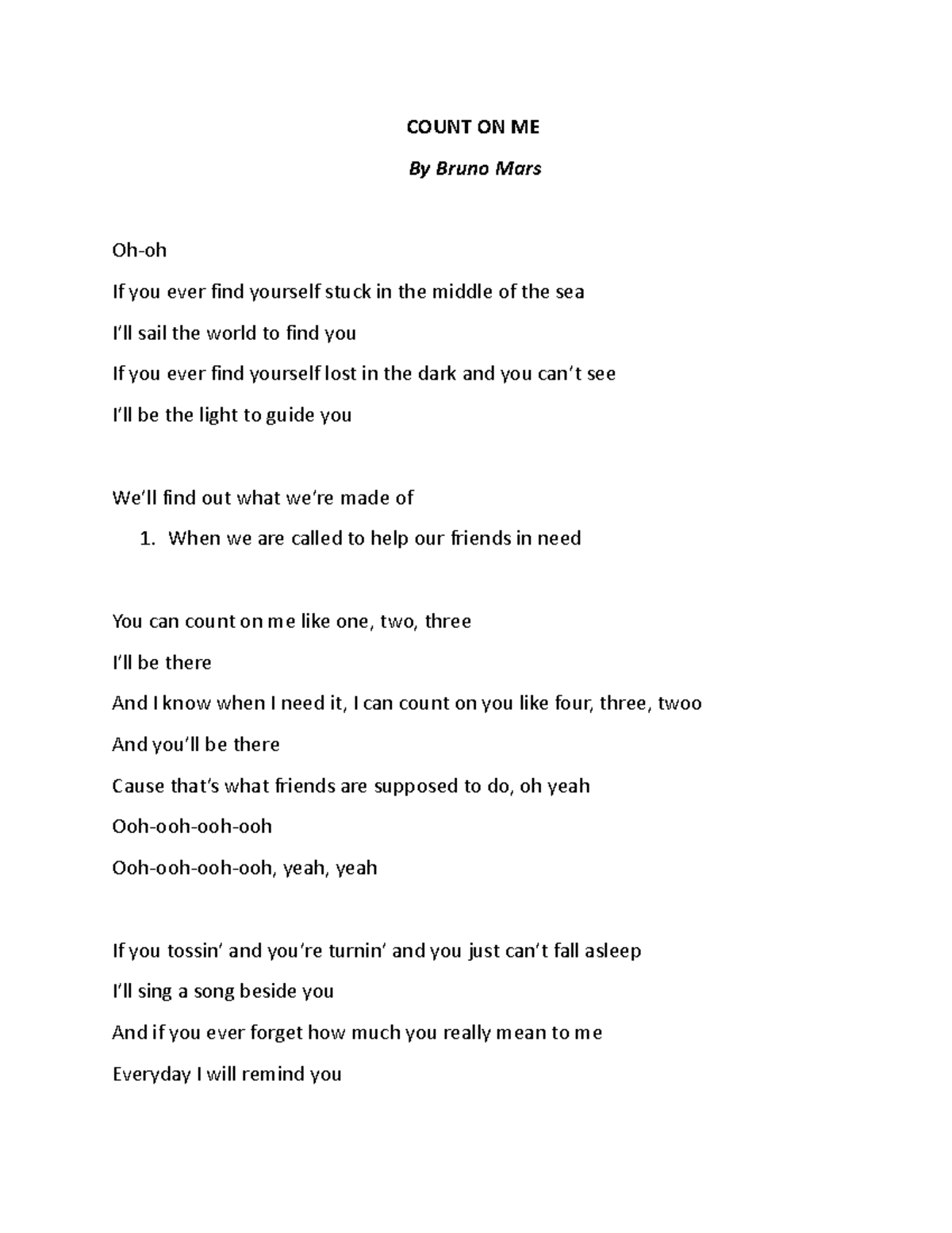 Count ON ME lyrics - COUNT ON ME By Bruno Mars Oh-oh If you ever find ...