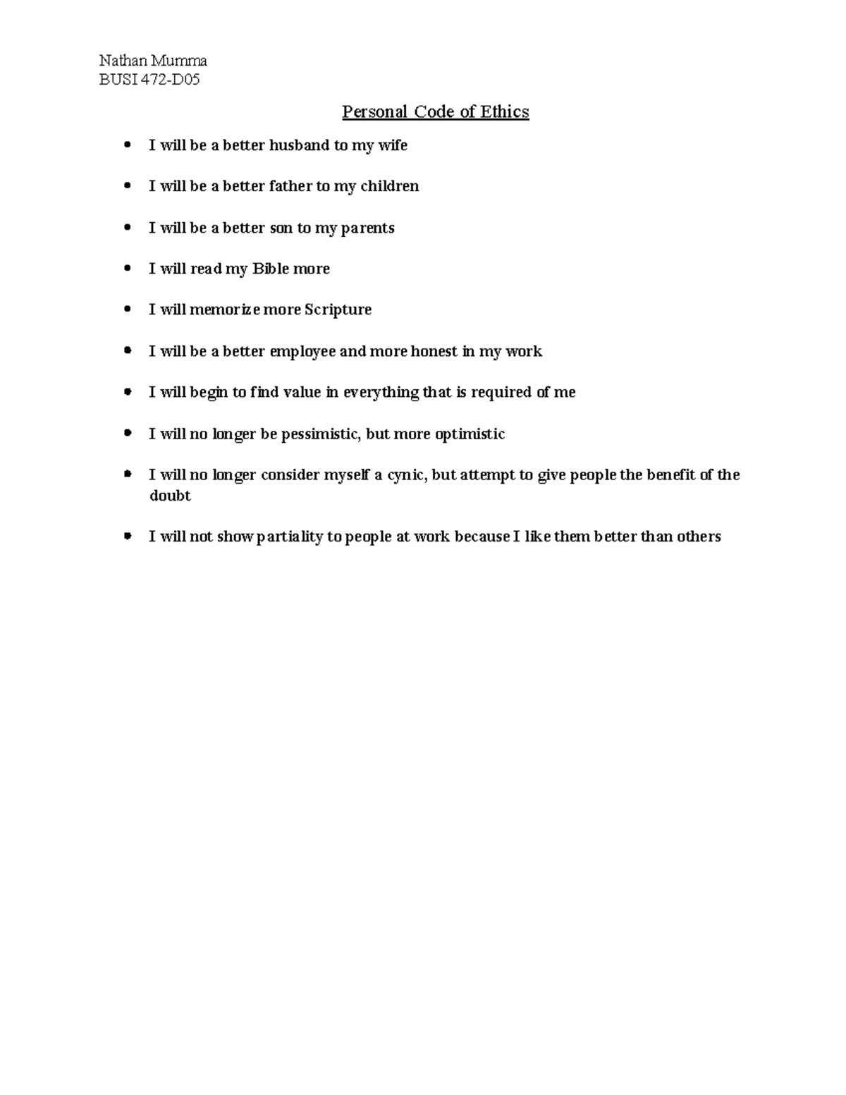Personal CODE OF Ethics - Nathan MummaBUSI 472-D Personal Code of ...
