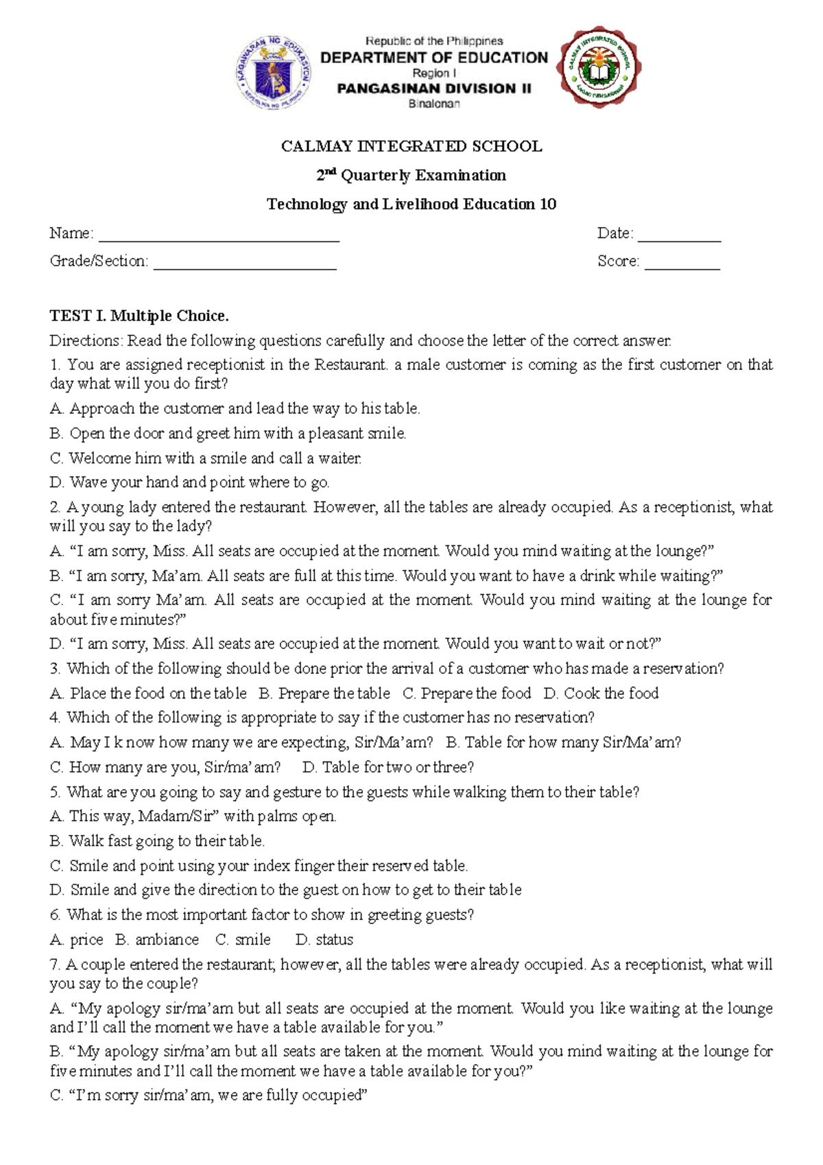 2ND Quarter EXAM TLE 10 - TLE - CALMAY INTEGRATED SCHOOL 2 nd Quarterly ...
