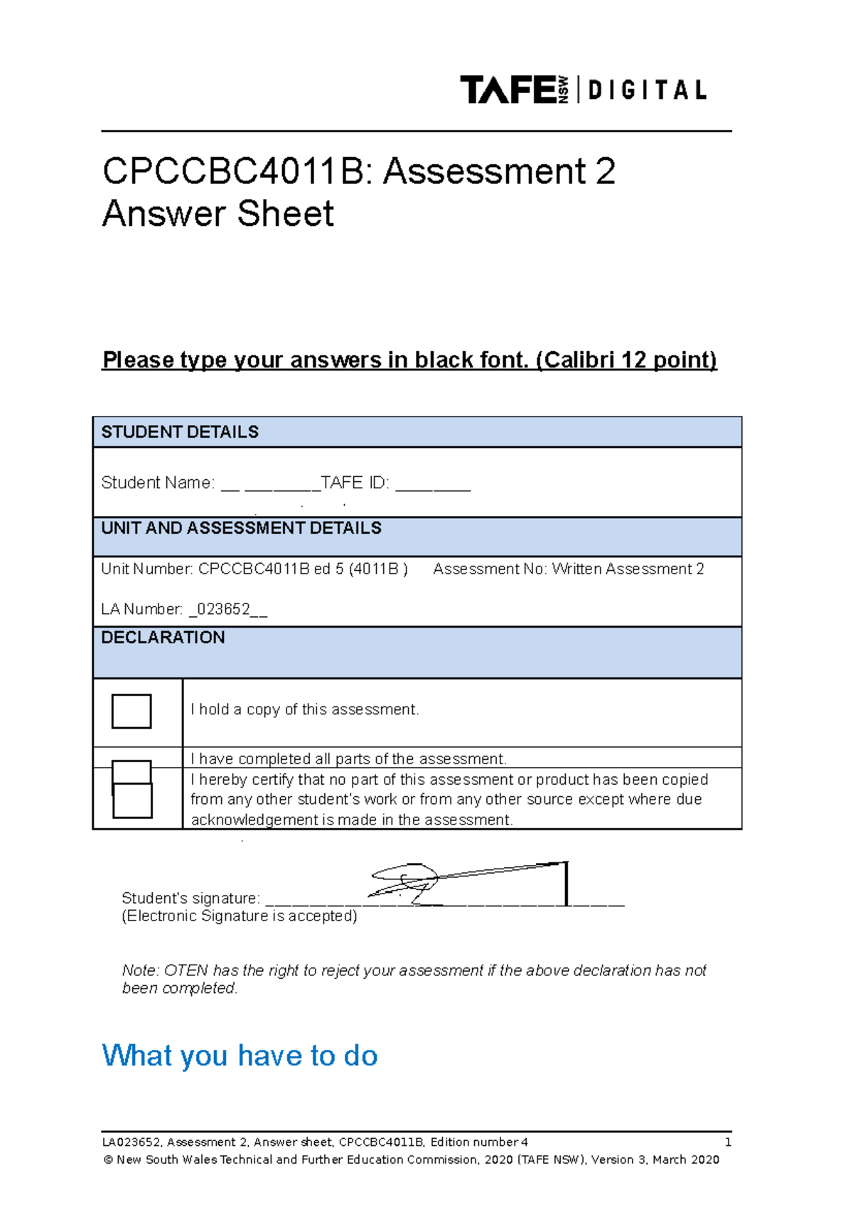 Goran. S LA023652 Assn2 Answer sheet Cpccbc 4011B Ed4 - CPCCBC4011B ...