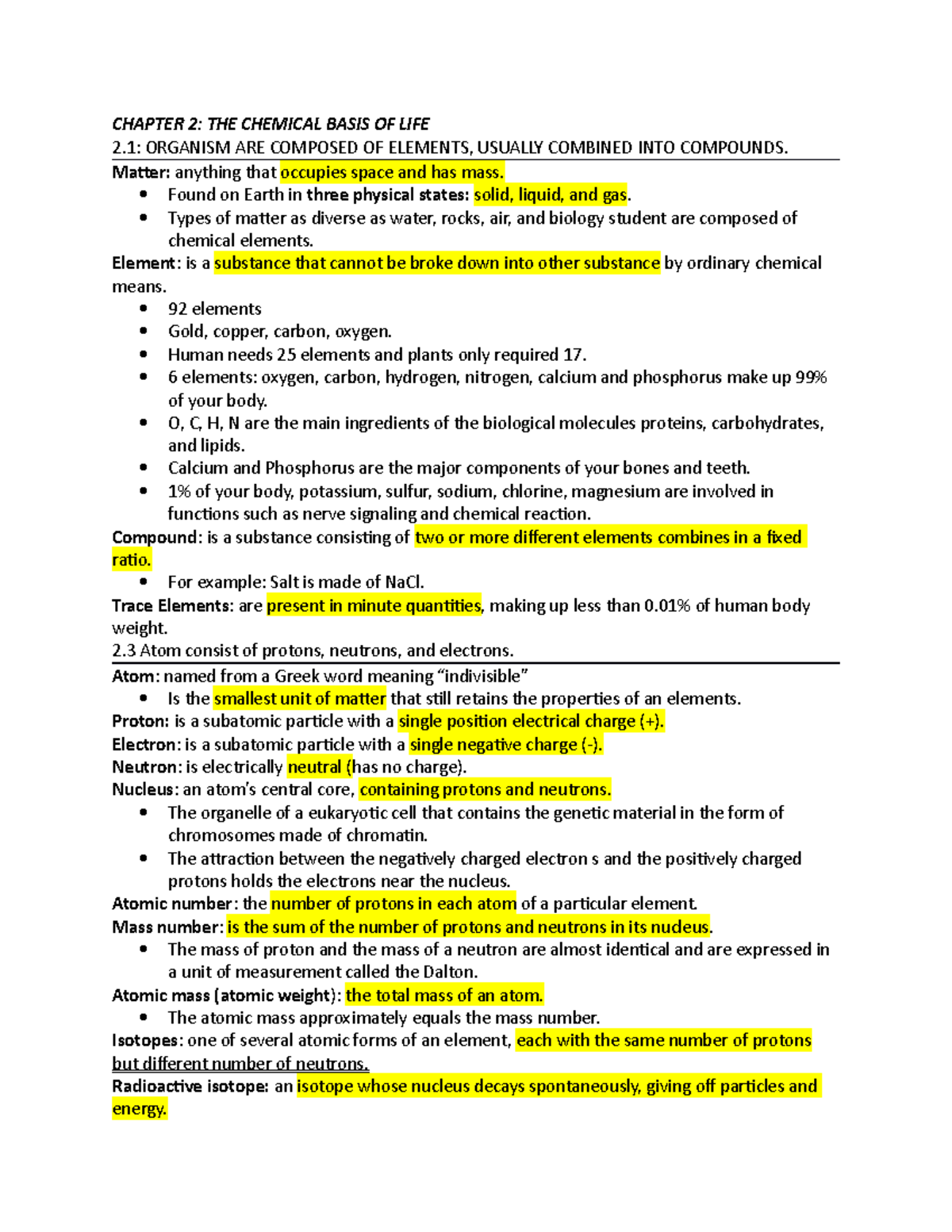 Chapter 2 - BIOLOGY - CHAPTER 2: THE CHEMICAL BASIS OF LIFE 2: ORGANISM ...
