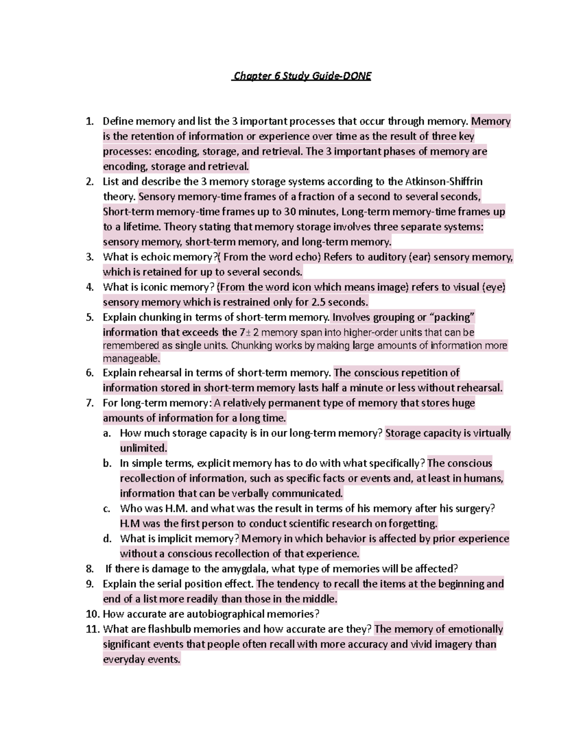 Chapter 6 Study Guide, spring, 23.docx - Chapter 6 Study Guide-DONE Define memory and list the 3 ...