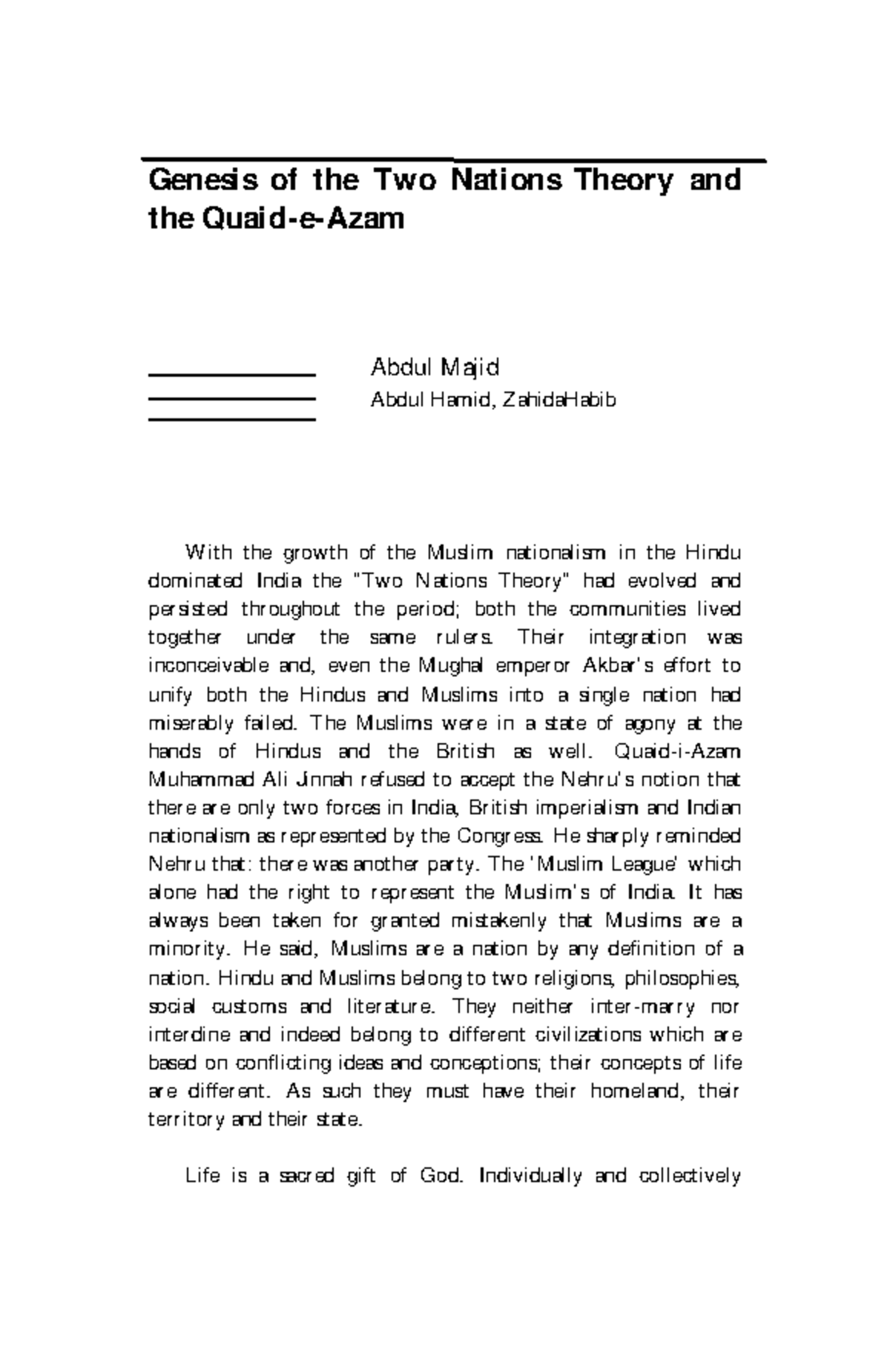 Two nation theory - lecture - Genesis of the Two Nations Theory and the ...