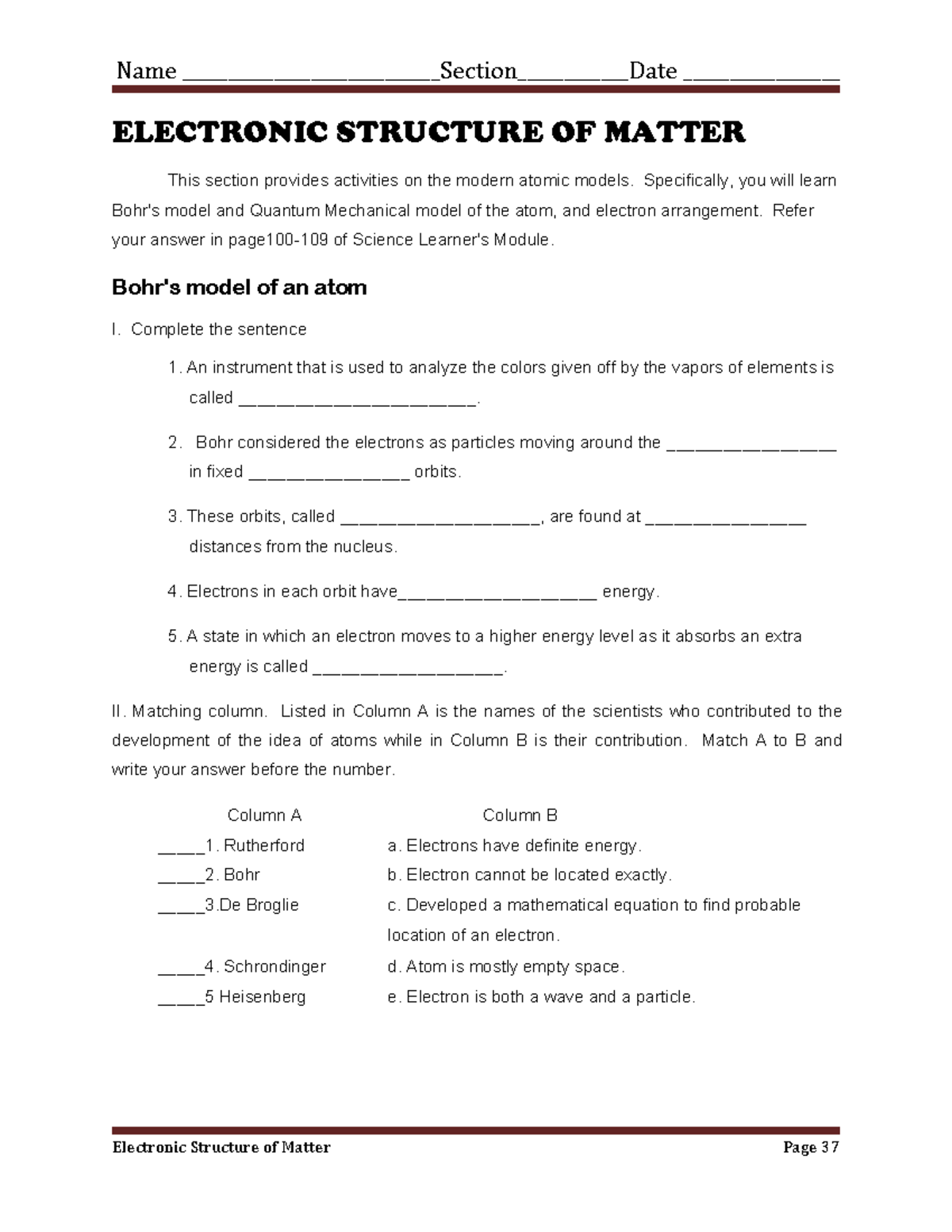 Electronic Structure OF Matter-workbook-1 - ELECTRONICSTRUCTUREOFMATTER This section provides ...