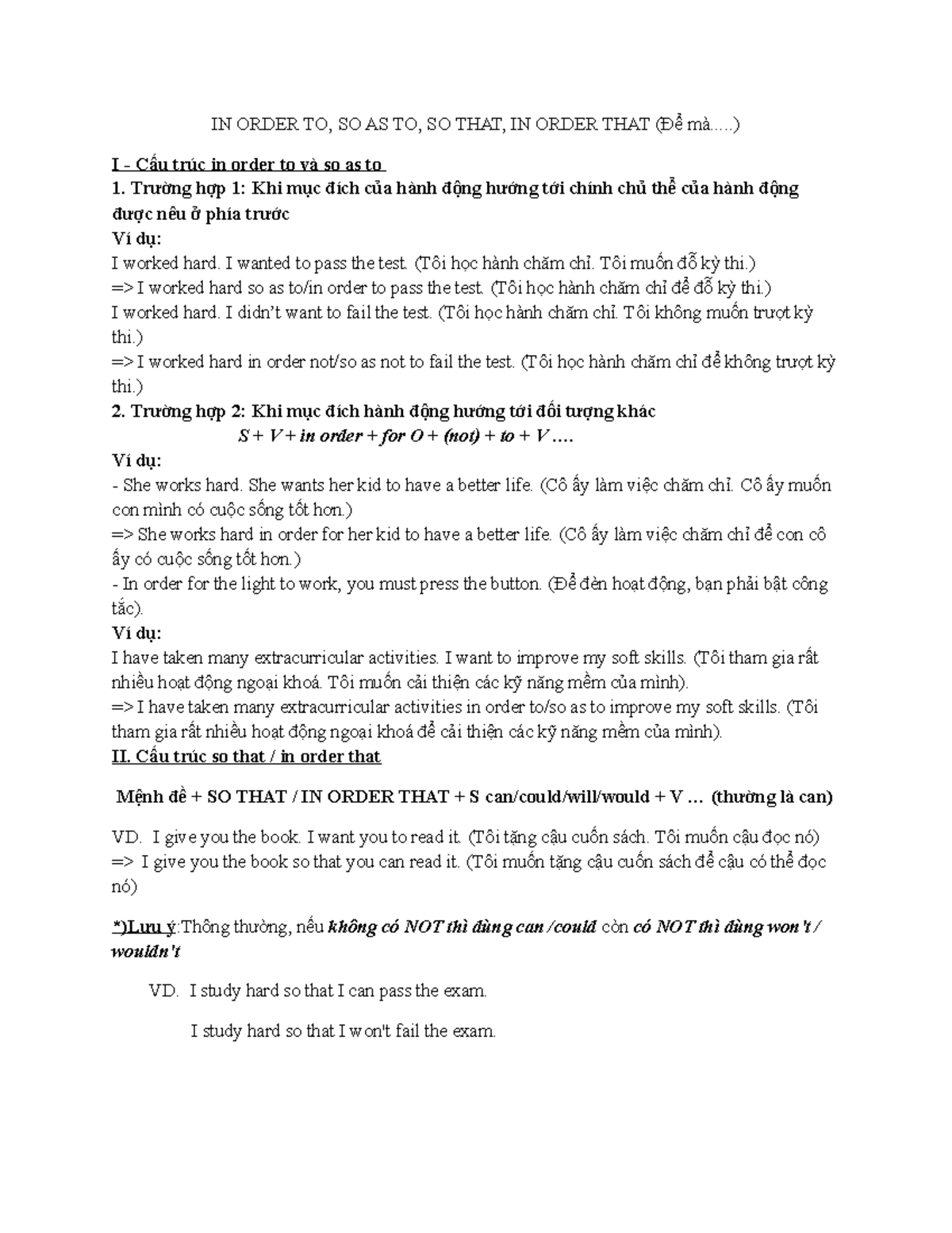 IN Order TO +SO AS TO+SO THAT+IN Order THAT - English - Studocu