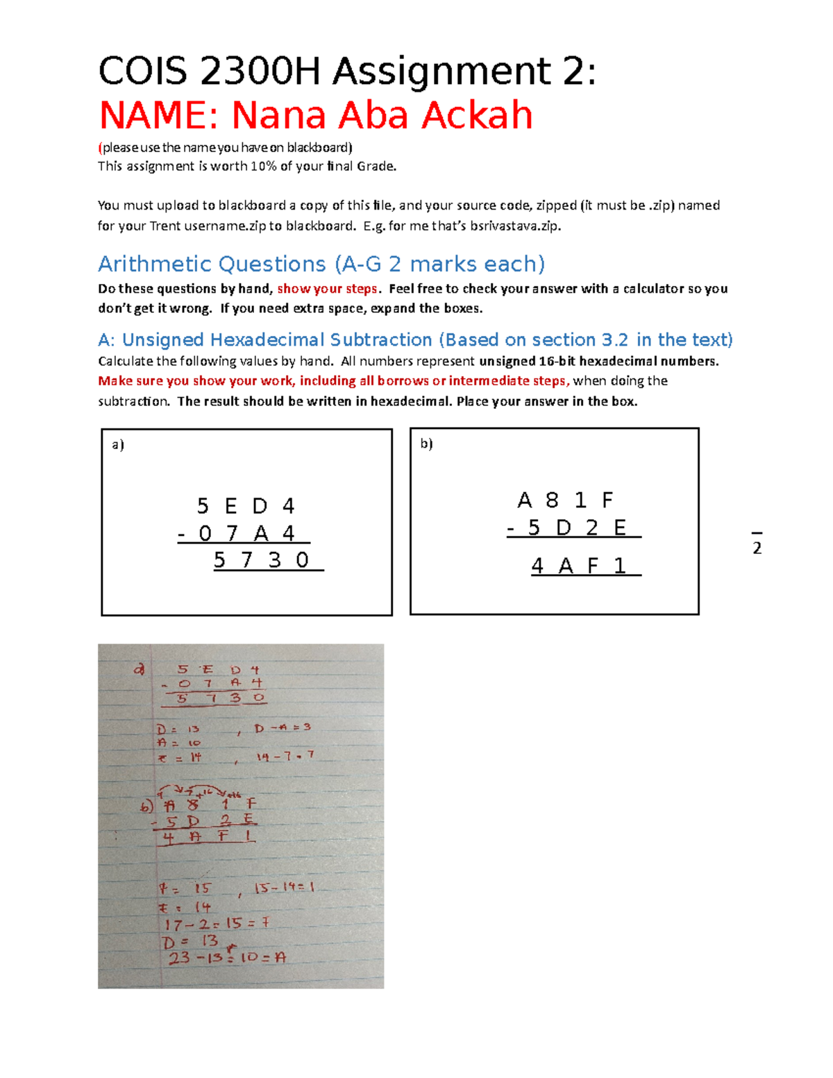 Assignment 2 2021 - COIS 2300H Assignment 2: NAME: Nana Aba Ackah ...