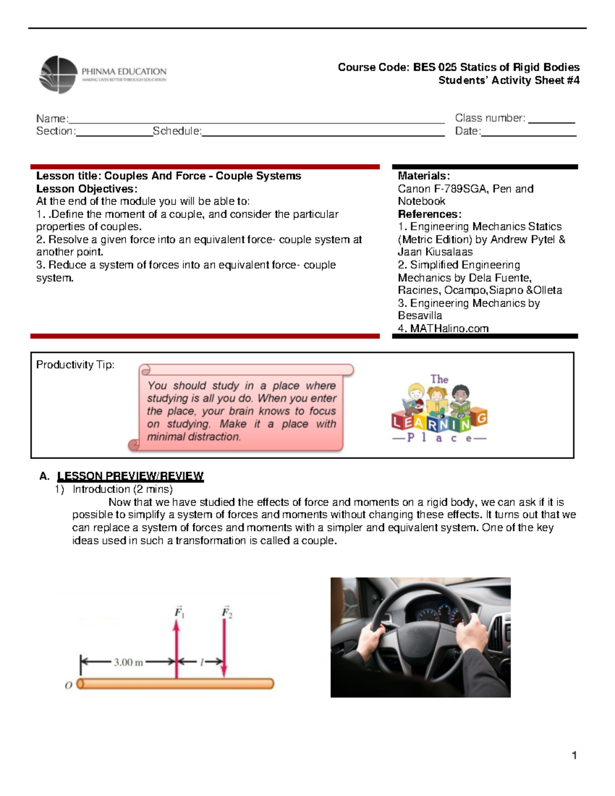 Couples AND Force - Couple Systems - Students’ Activity Sheet ...