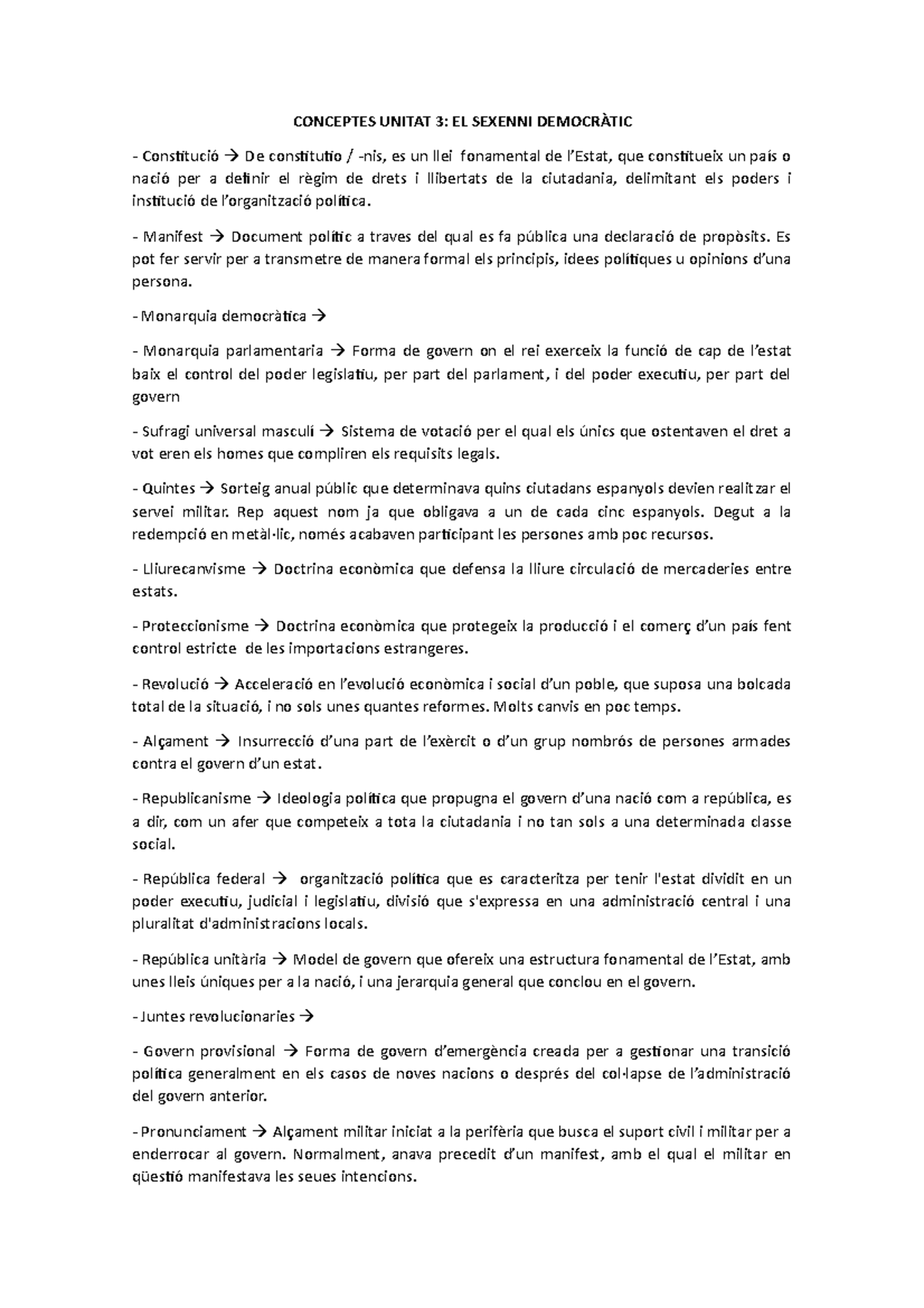 Conceptes Unitat 3 Sexenni Democràtic - CONCEPTES UNITAT 3: EL SEXENNI ...