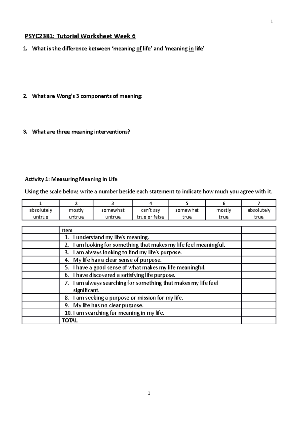 Tutorial Worksheet Week 6- 2022- Meaning and values - PSYC2381 ...