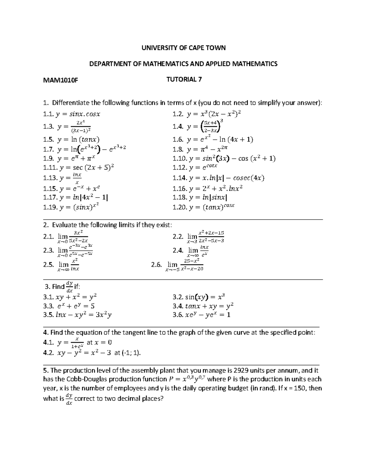 Tutorial 7 - UNIVERSITY OF CAPE TOWN DEPARTMENT OF MATHEMATICS AND ...
