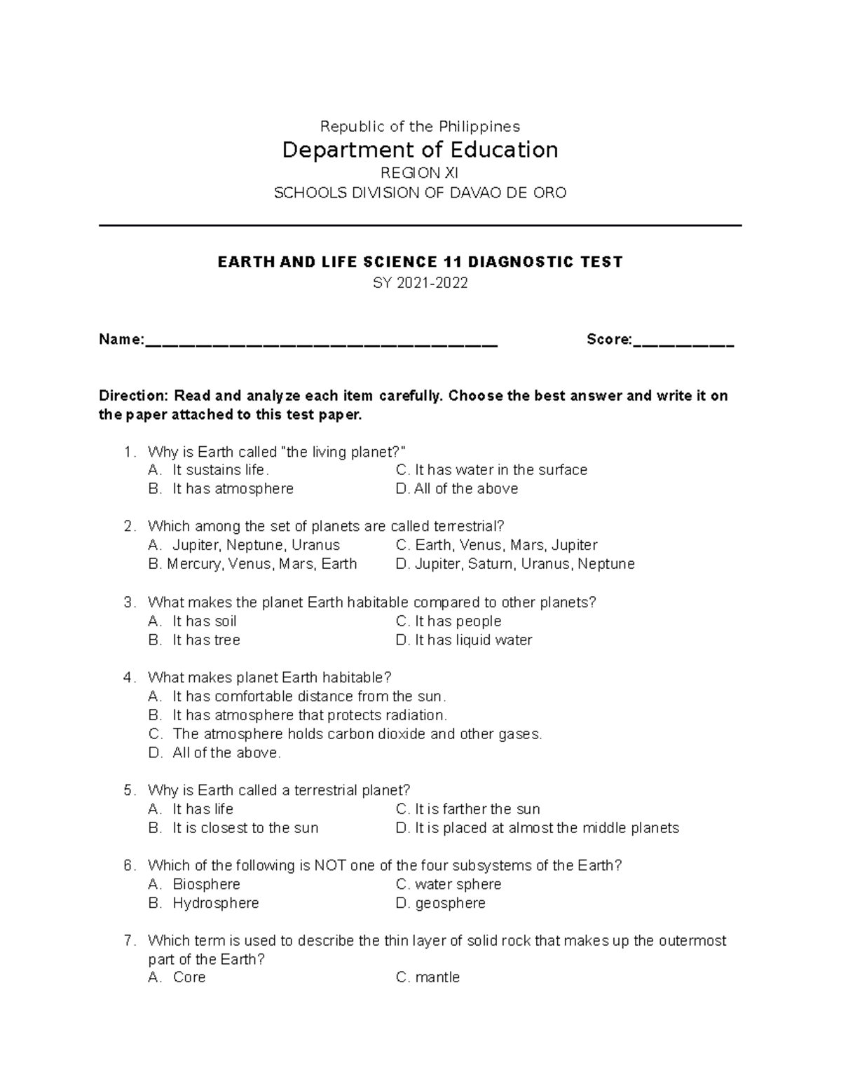 ELS Diagnostic Test - lecture note in the classroom - Republic of the ...
