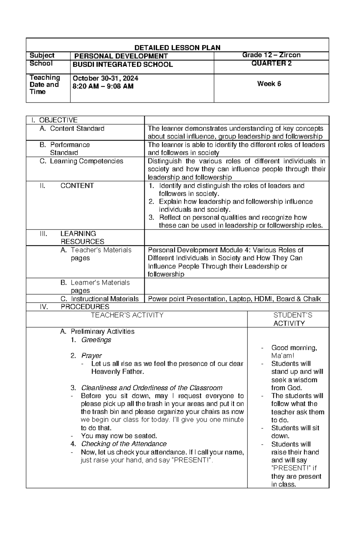Detailed Lesson Plan in Perdev - q2w6 - I. OBJECTIVE A. Content ...