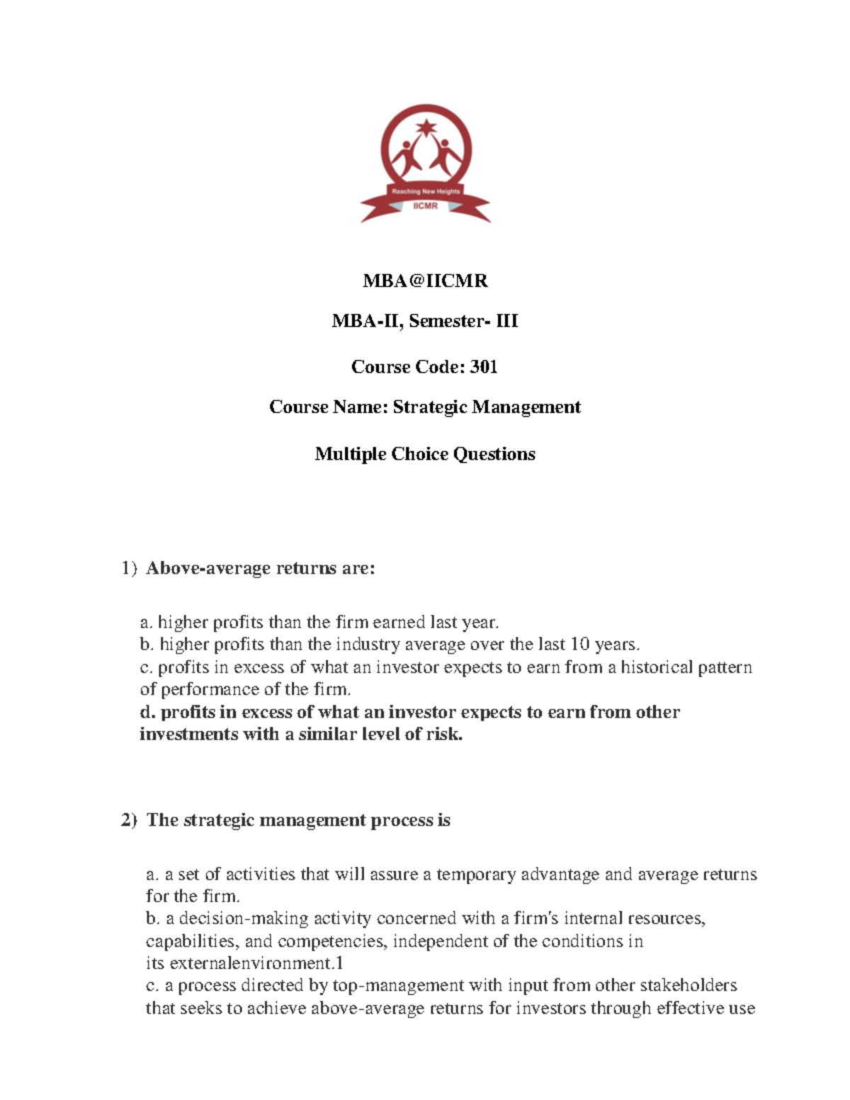 Sm mcqs 1 - List of MCQ for Strategic Management - MBA@IICMR MBA-II ...